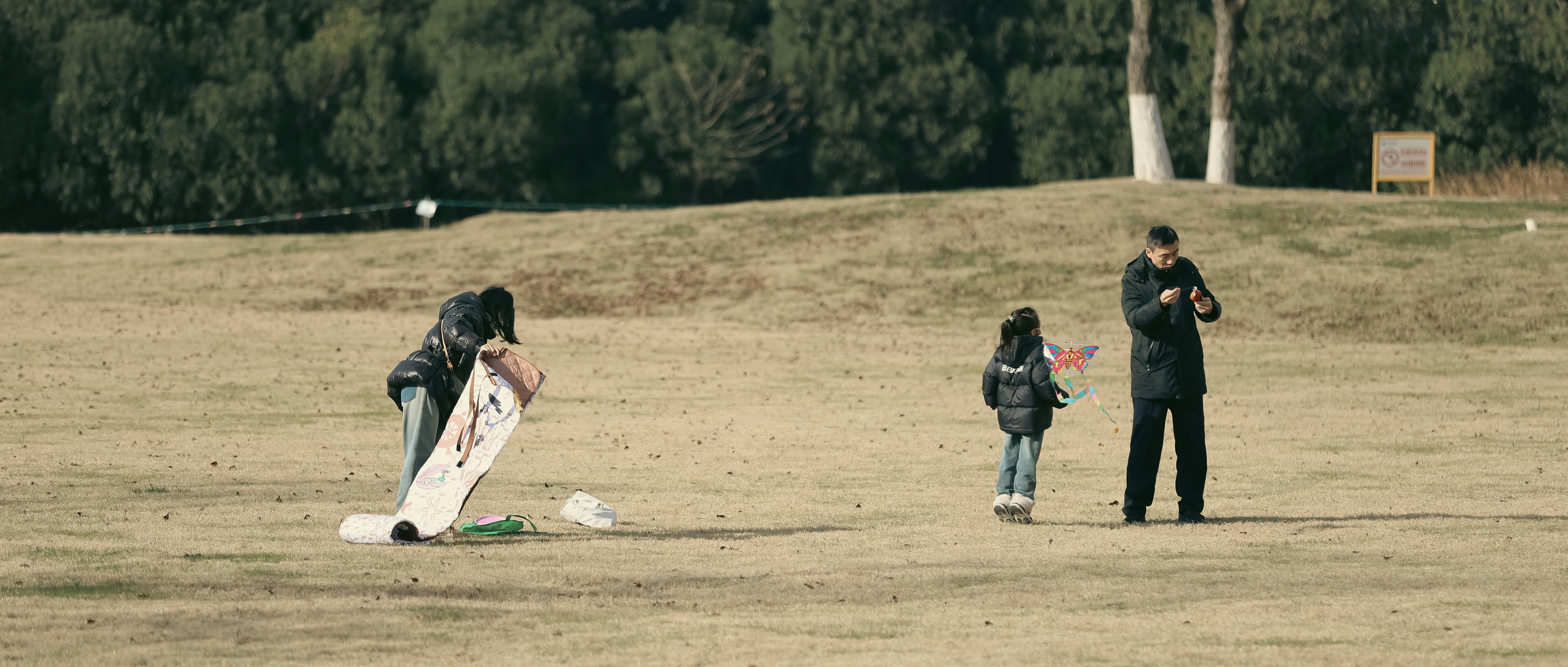 Family playing with kite happily