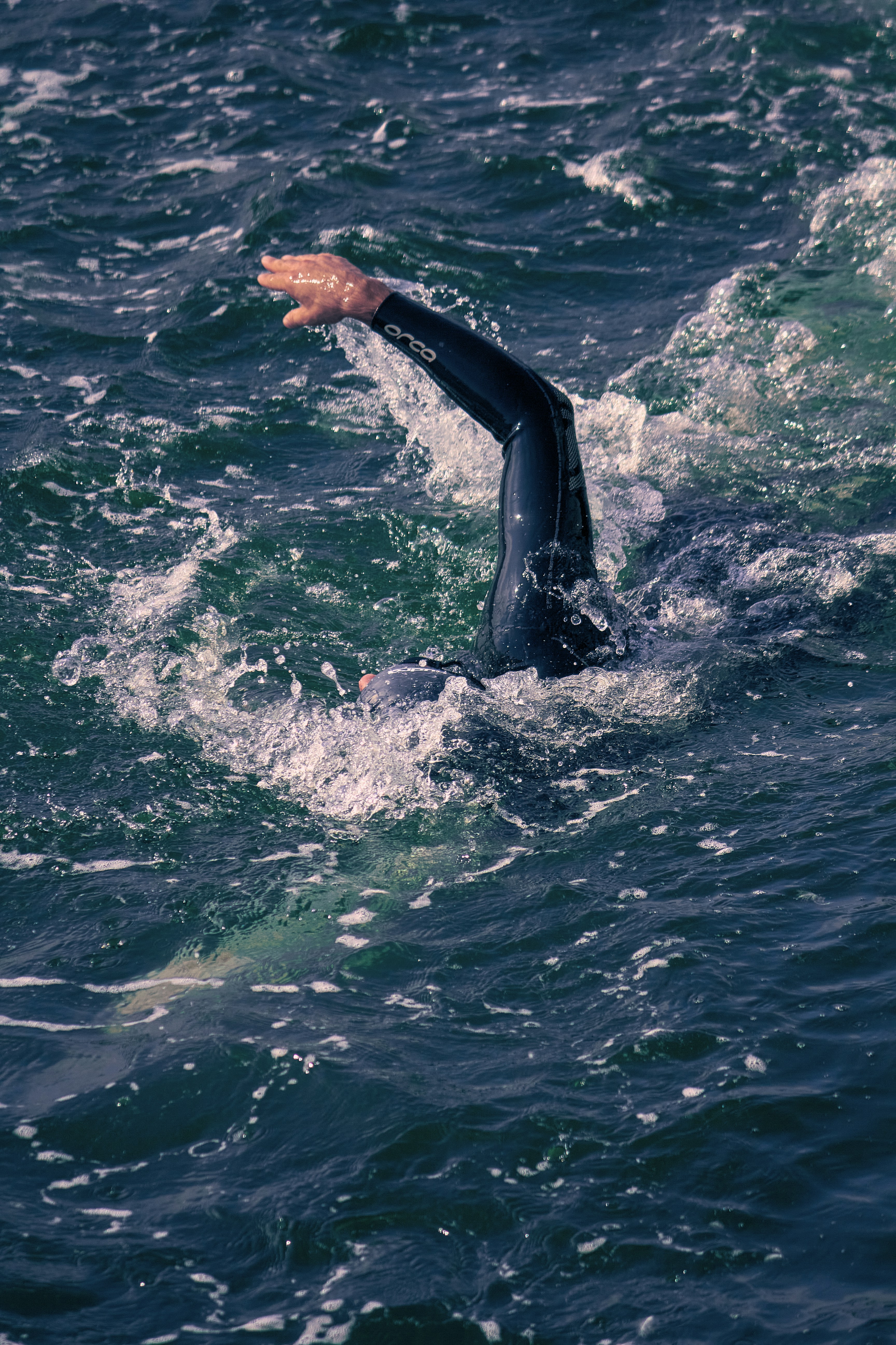 Rising Arm Through Turbulent Tides: A Swimmer in a Dark Wetsuit Conquering the Swell