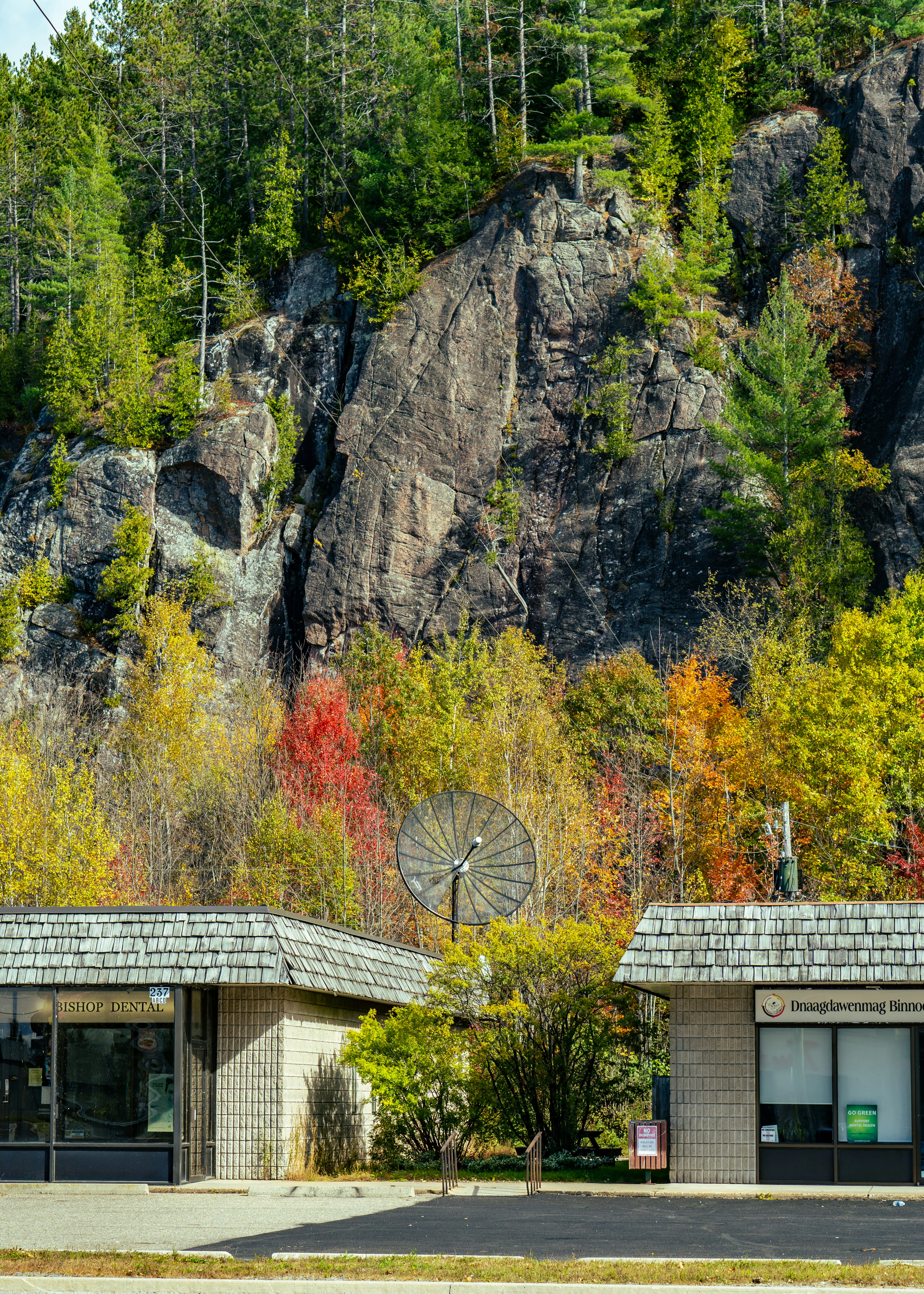 Satellite Dish in Autumn Village, Beneath a Rocky Forest Cliff
