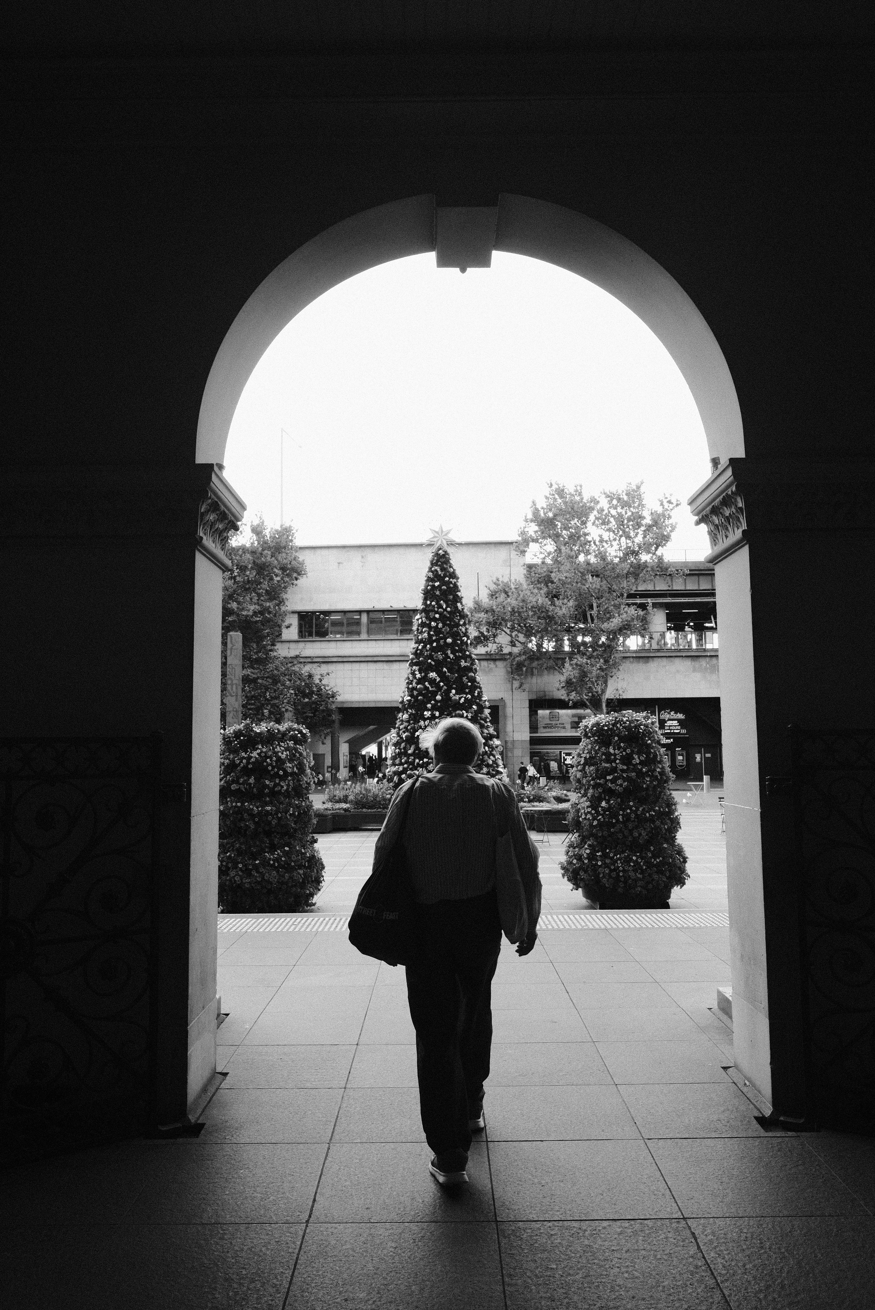 Traveler Beneath the Arch: A Quiet Walk Toward a Festive Tree