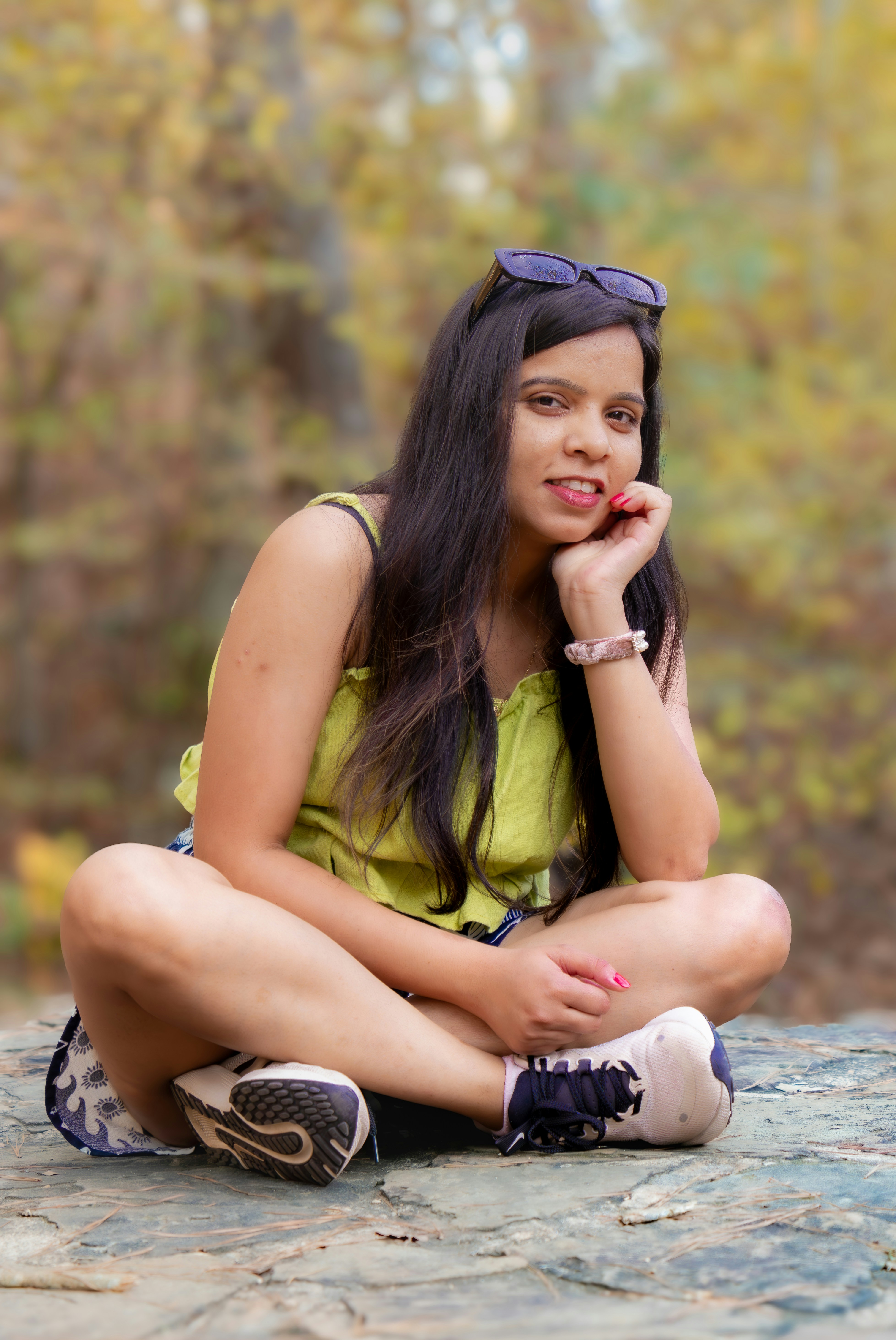 Autumn Stillness on a Weathered Rock: Portrait Amid Golden Leaves