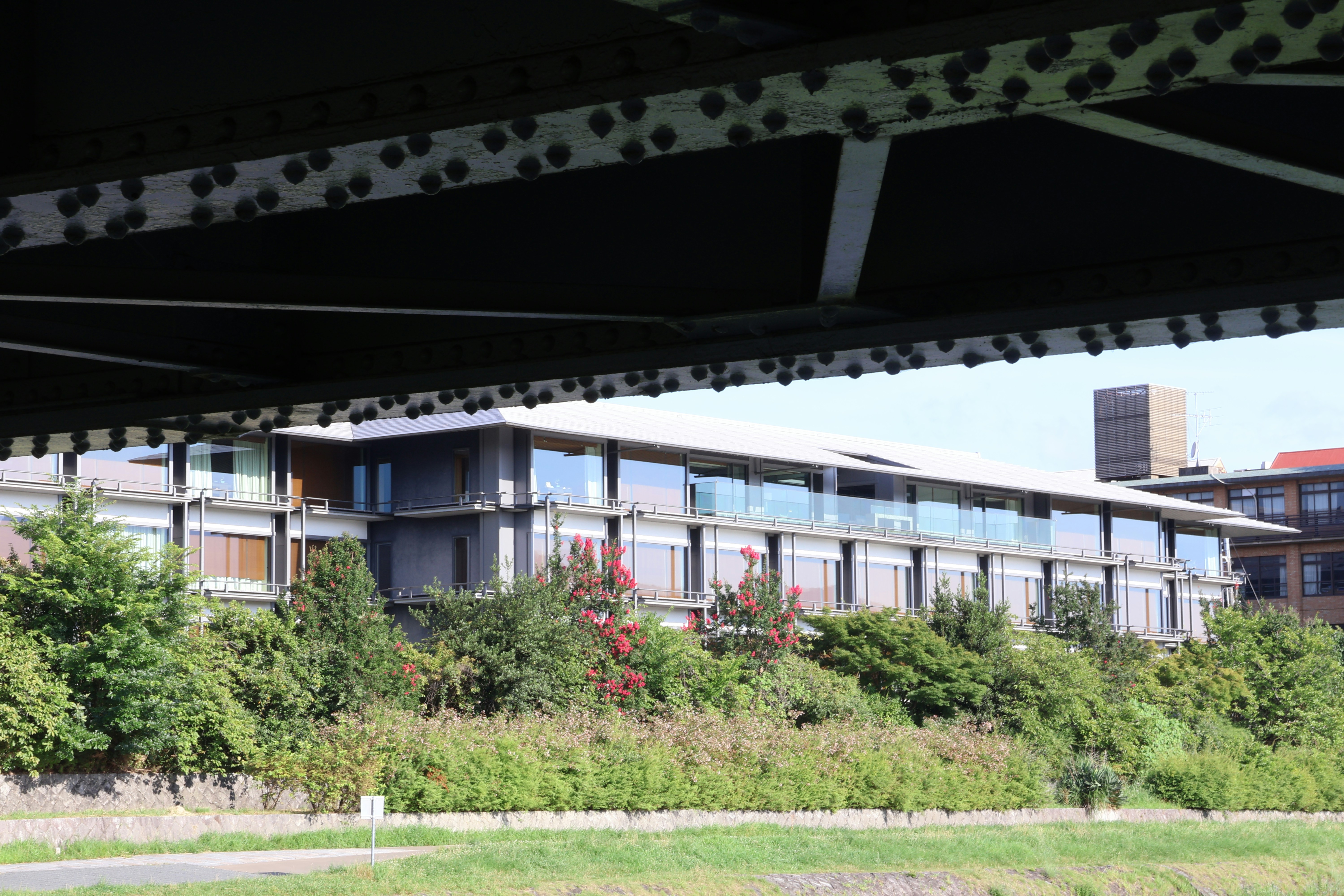 Modern building with balconies and greenery, viewed from under a bridge, showcasing urban architecture harmonizing with nature.
