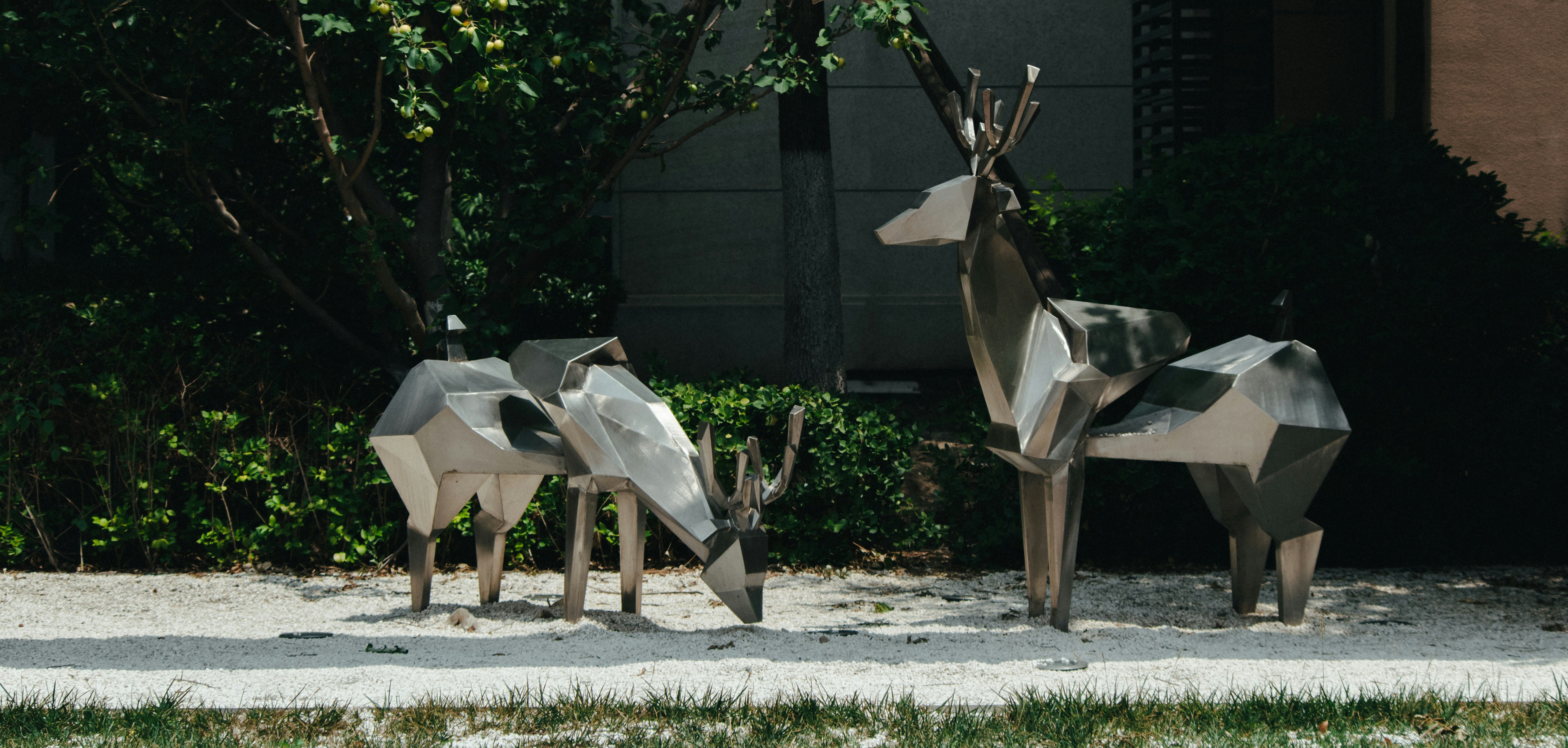 Geometric Stag Quartet: Metallic Sculptures in Sunlit Gravel