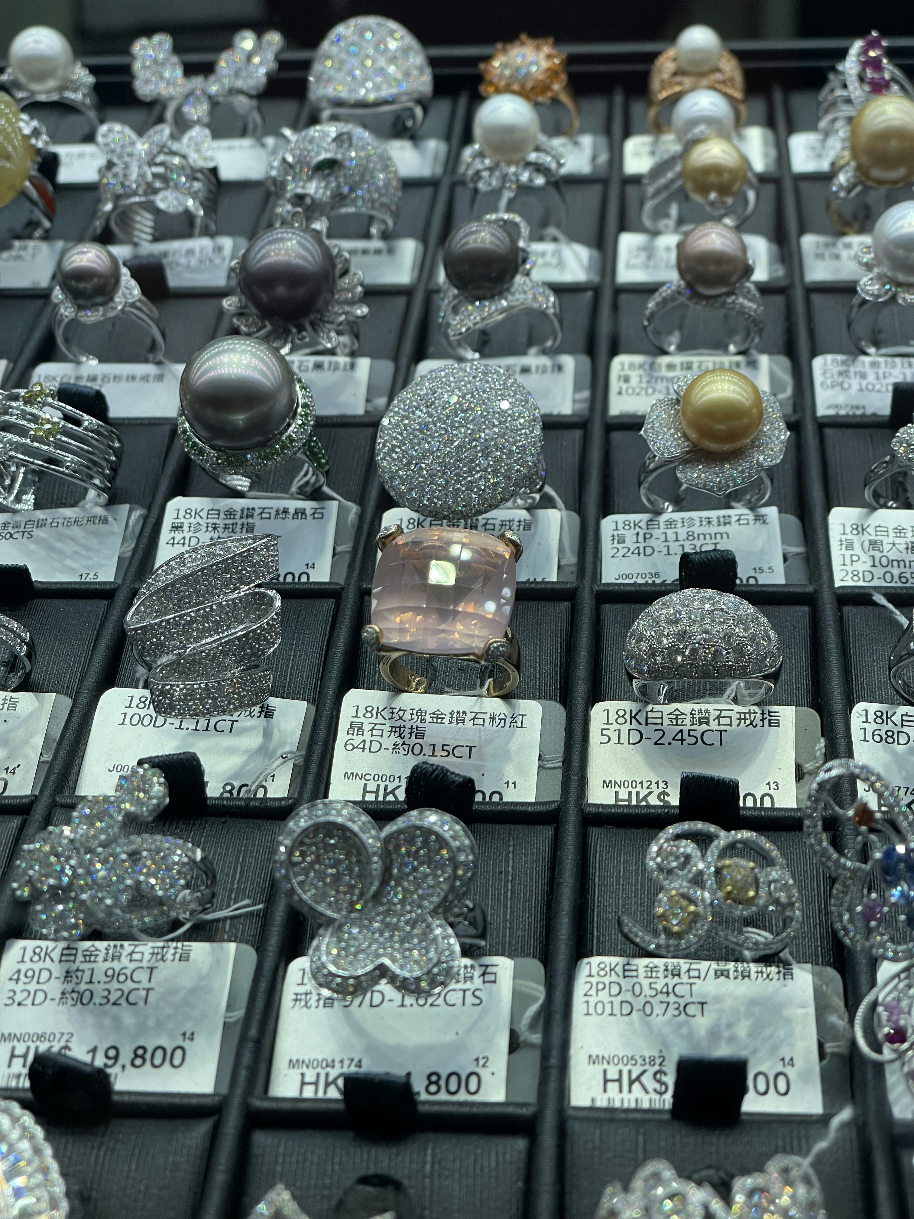 A display case filled with lots of different types of rings photo ...