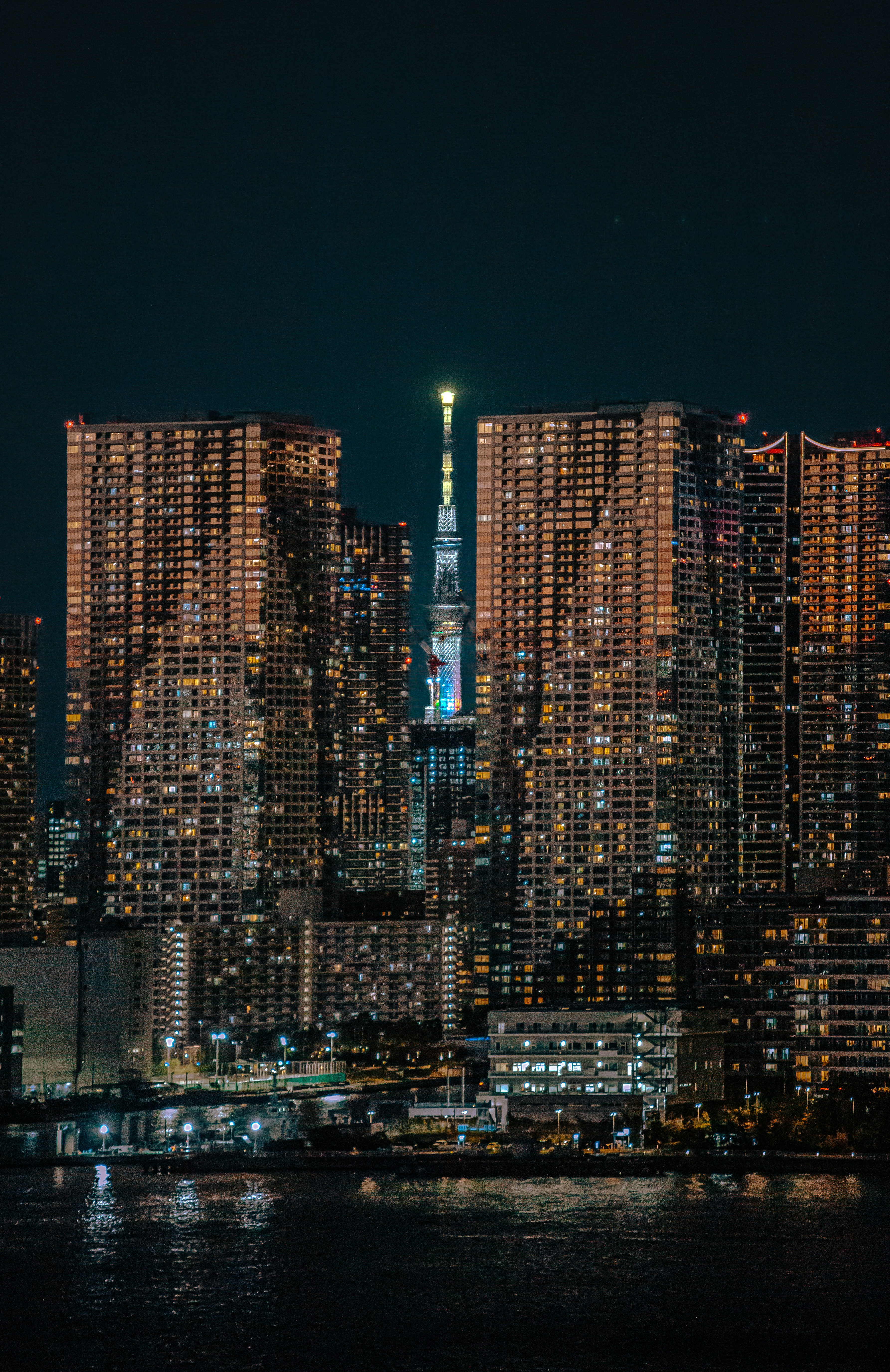 Twin Towers Framing Tokyo-style Skyline with a Central Tower Glow