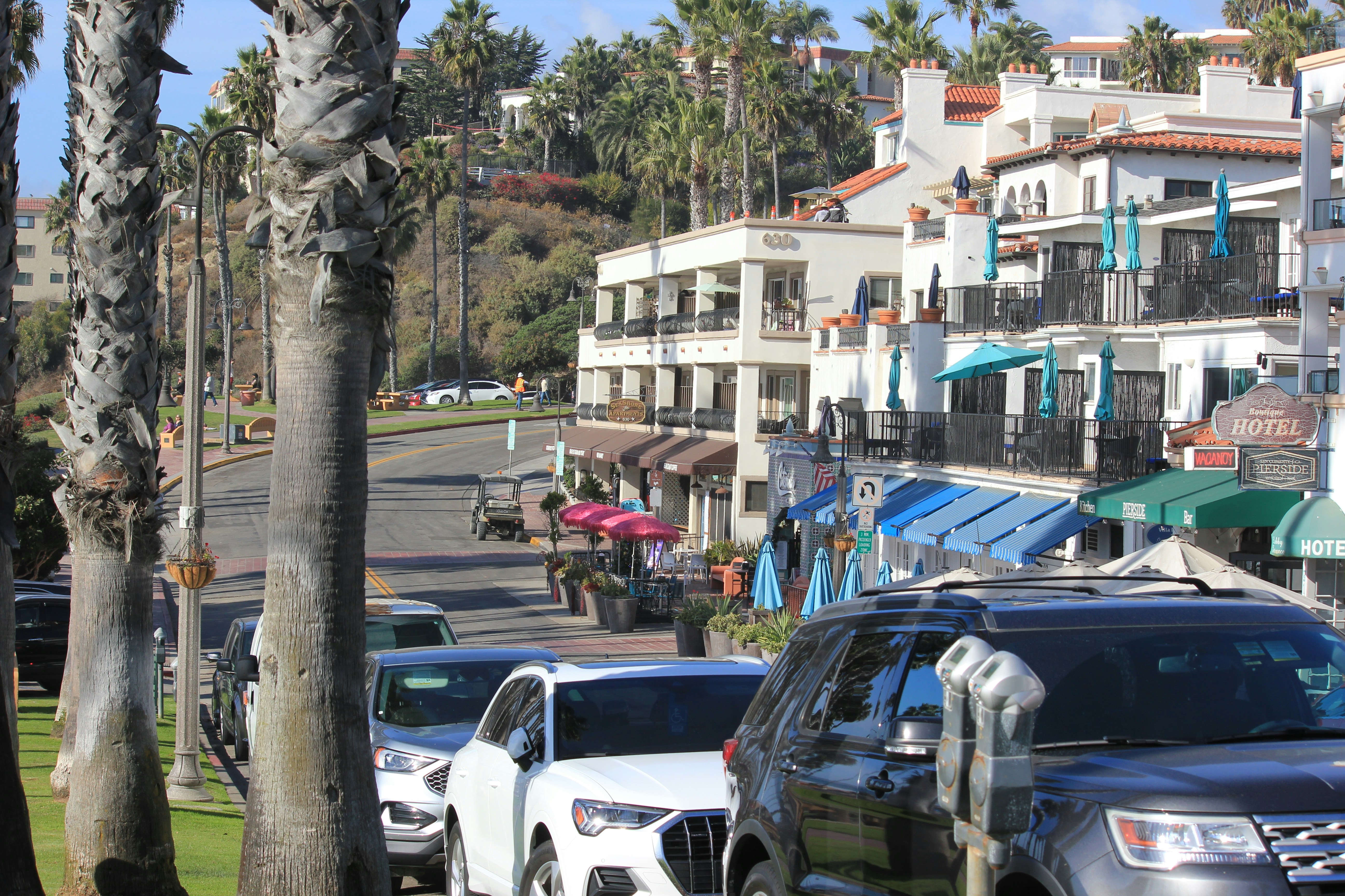 Sunlit Boulevard Between Palm Shadows and Waterfront Hotels