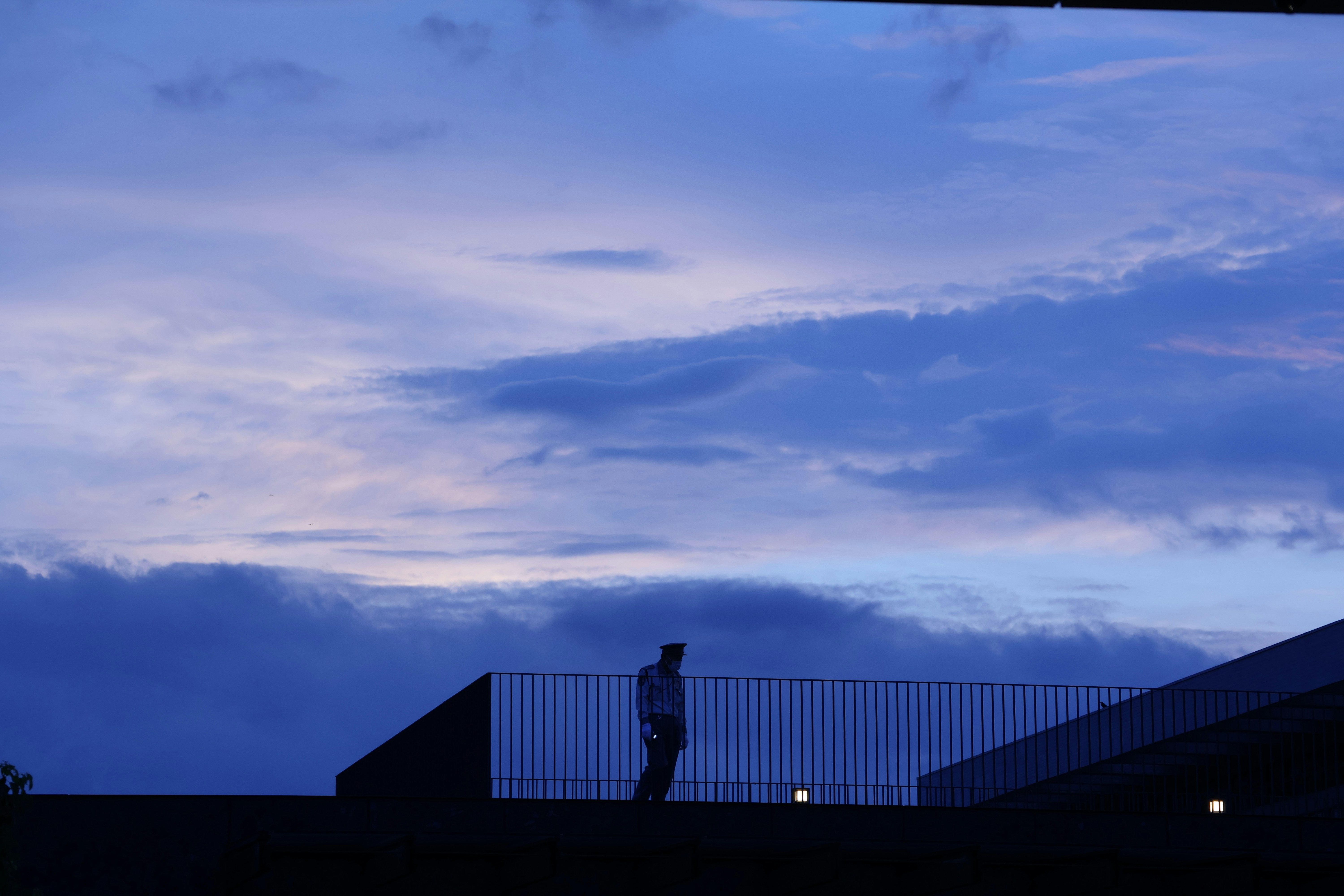 Lone silhouette on a rooftop railing beneath cobalt twilight