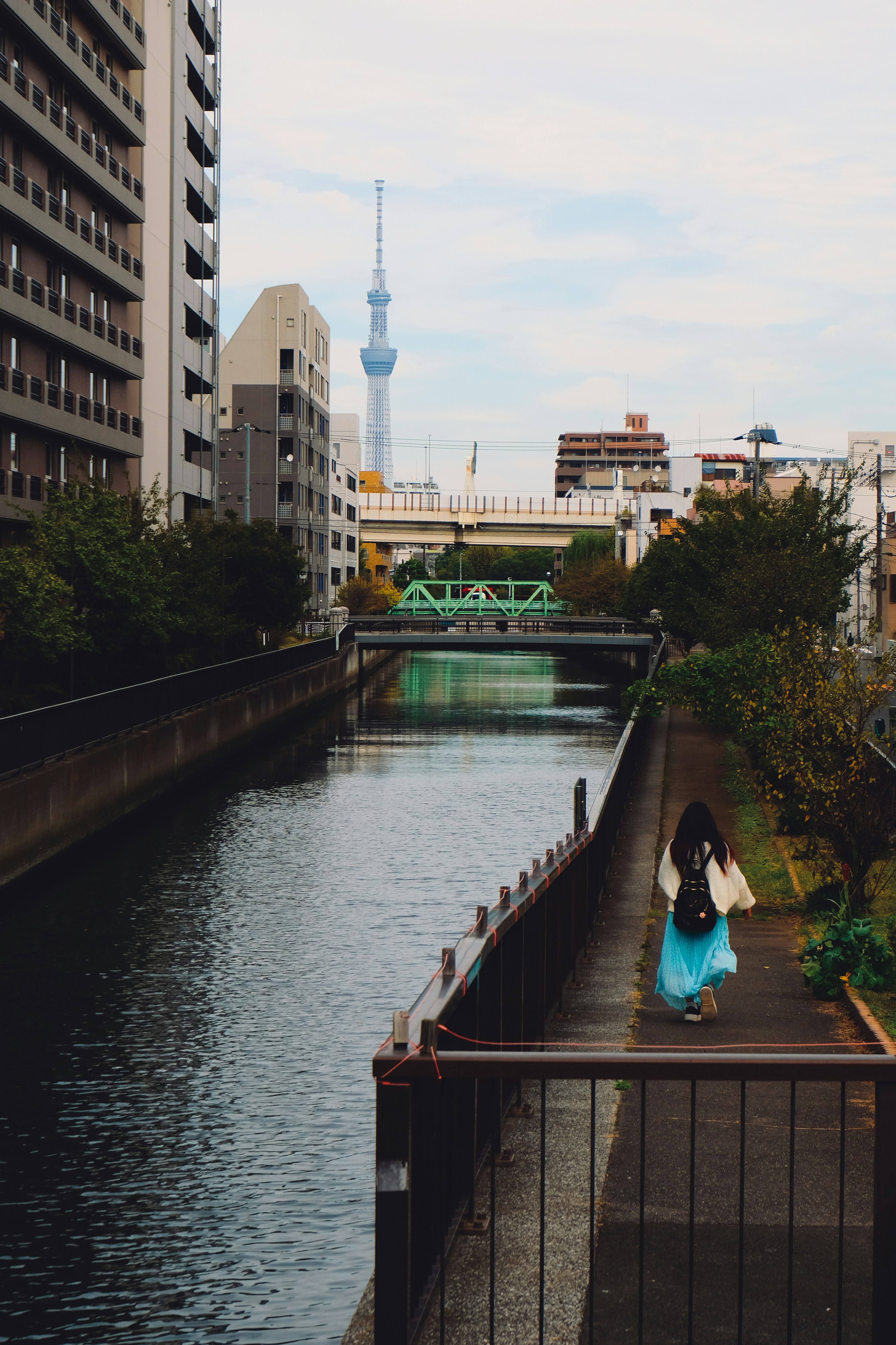 Riverwalk Quietude: A lone traveler in a sunlit Tokyo canal