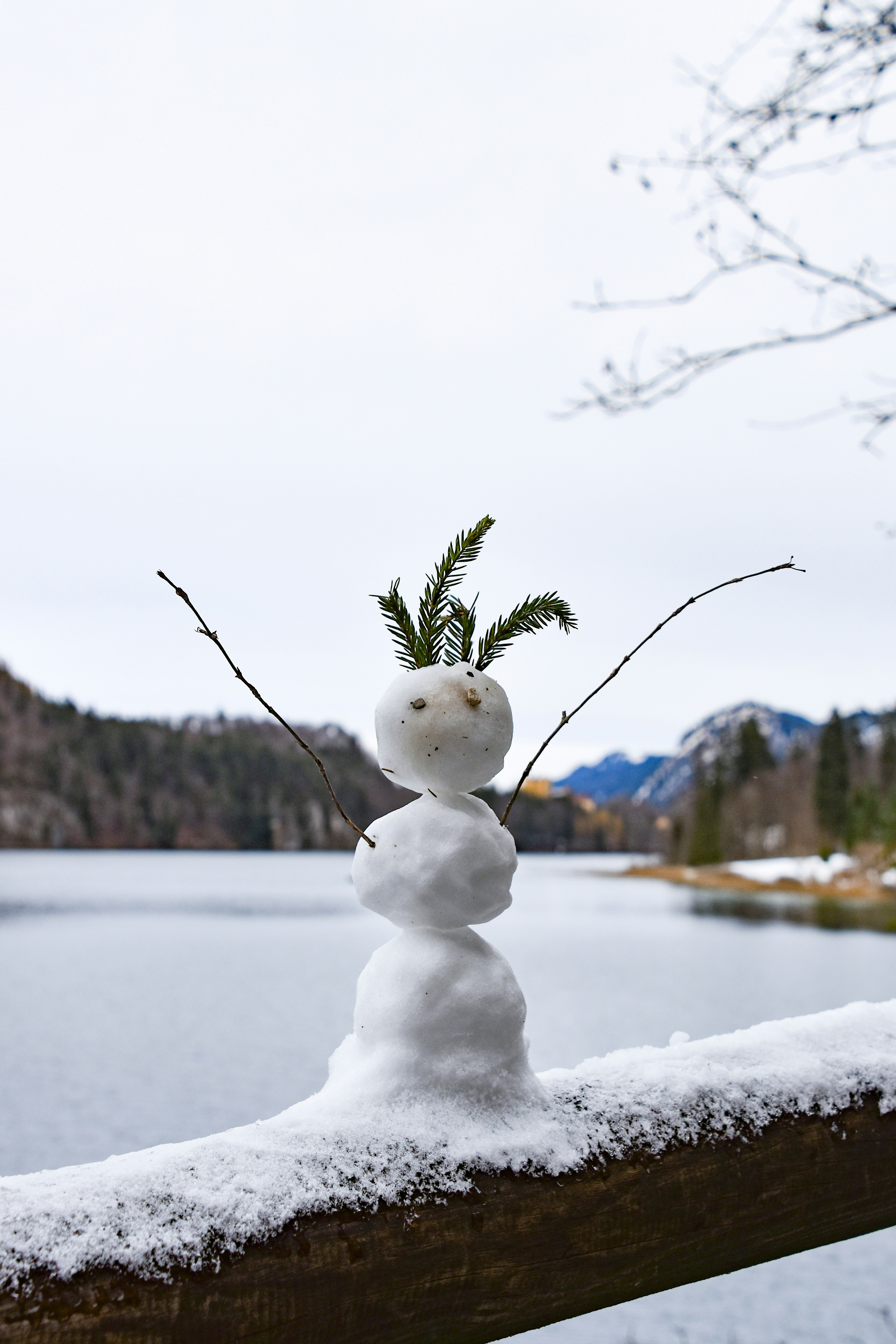 Pine-topped Snowman on a Snow-Dusted Railing by a Quiet Lake