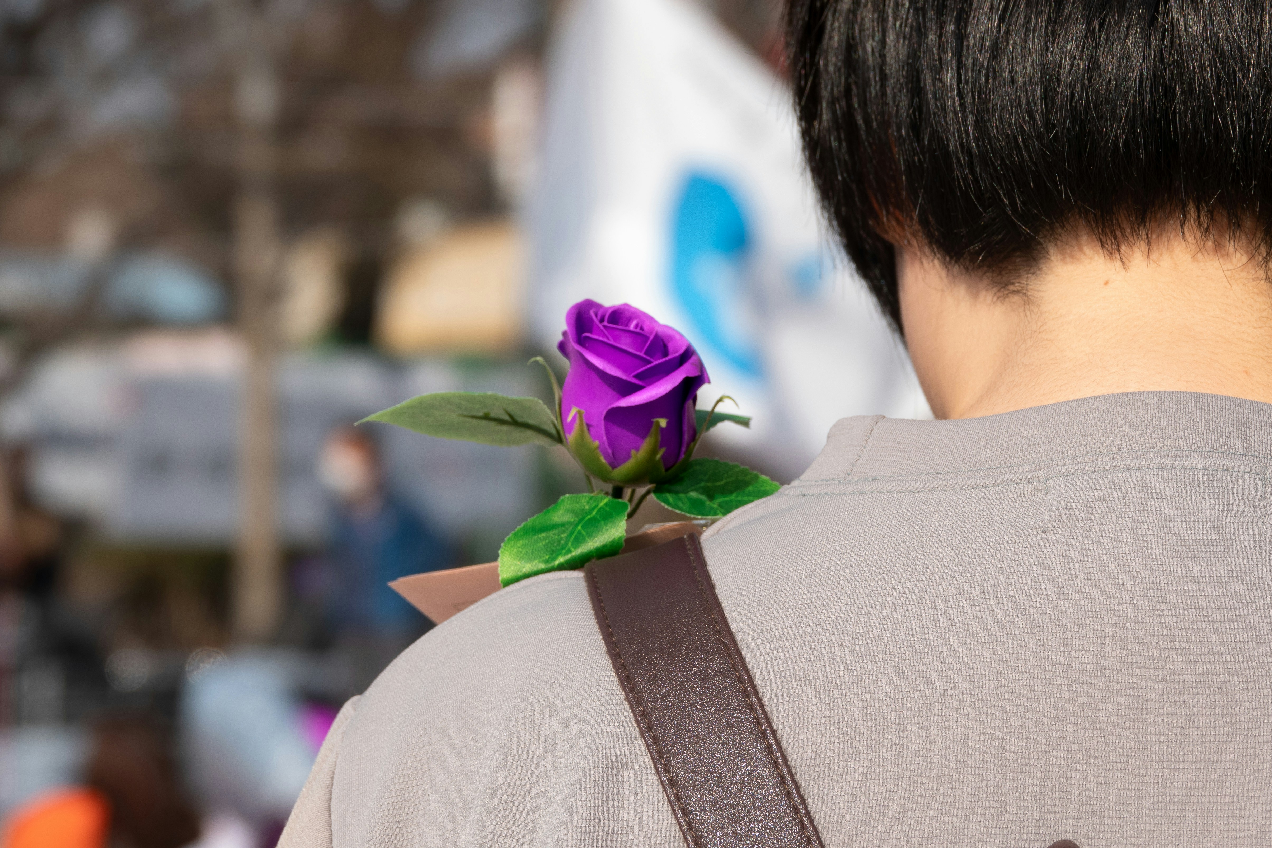 Purple Rose Surprises Over a Shoulder at a Busy Outdoor Event