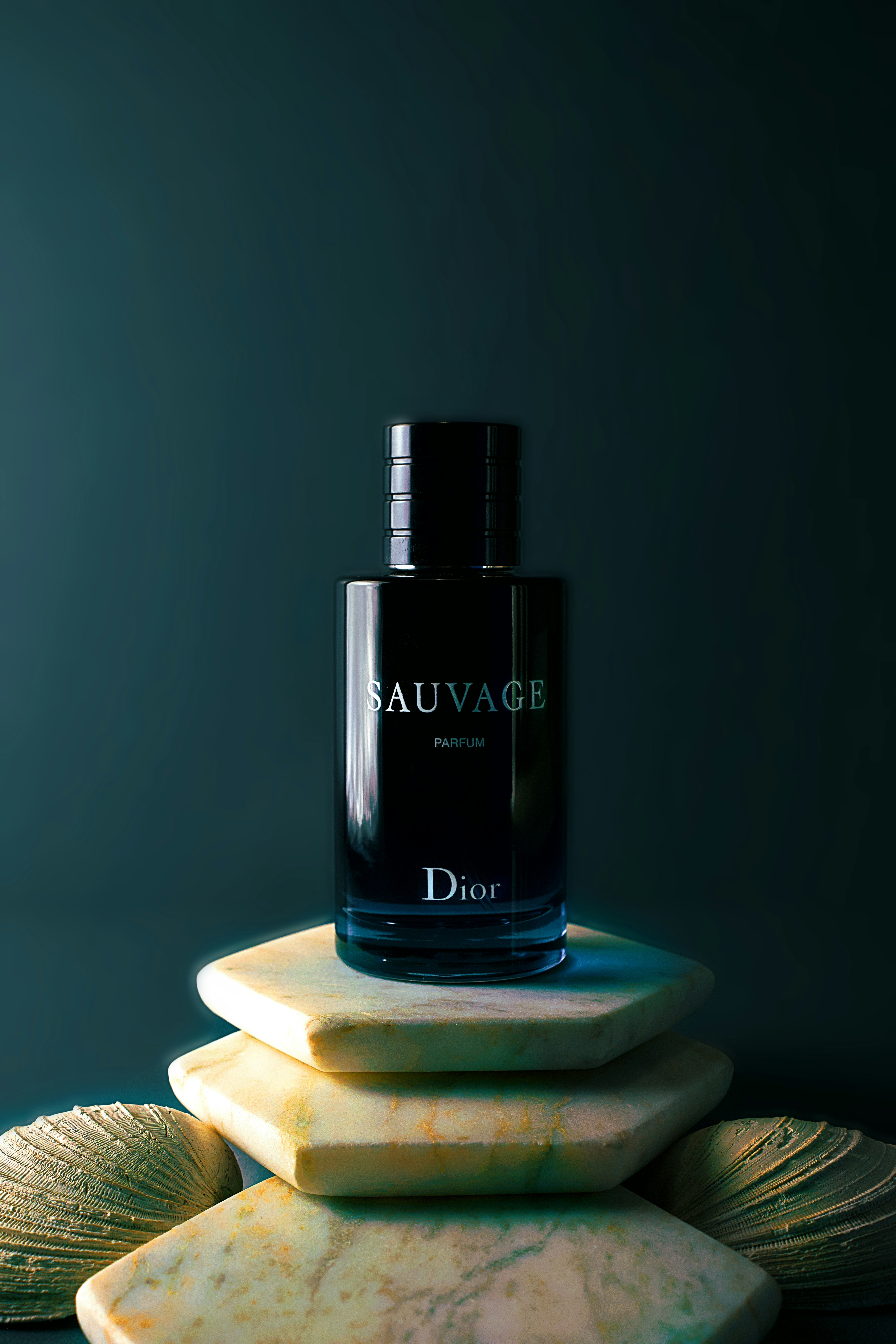 A bottle of cologne sitting on top of a pile of rocks photo – Free Usa ...