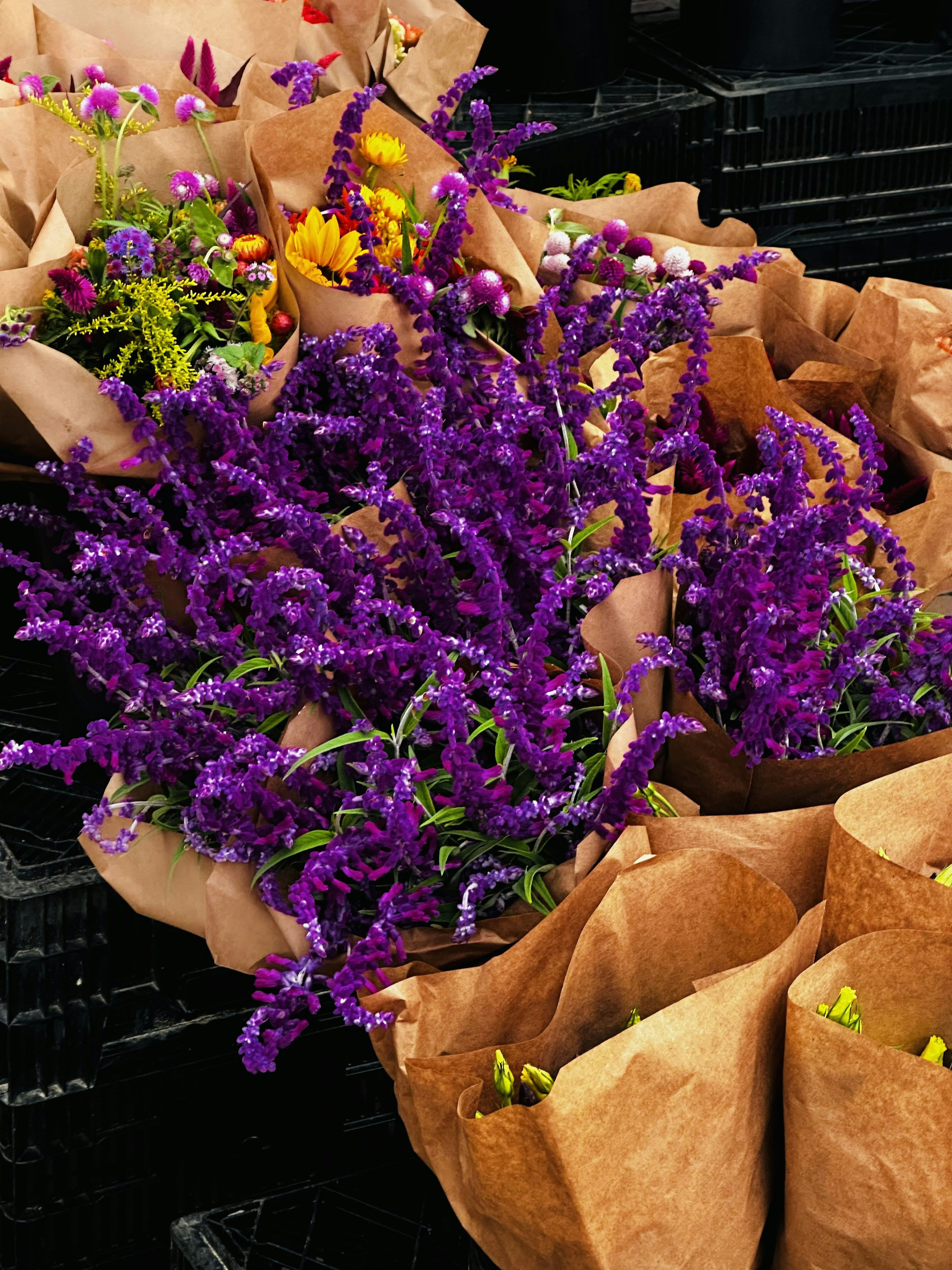 Rustic Violet Posies: Wrapped Blooms at Market