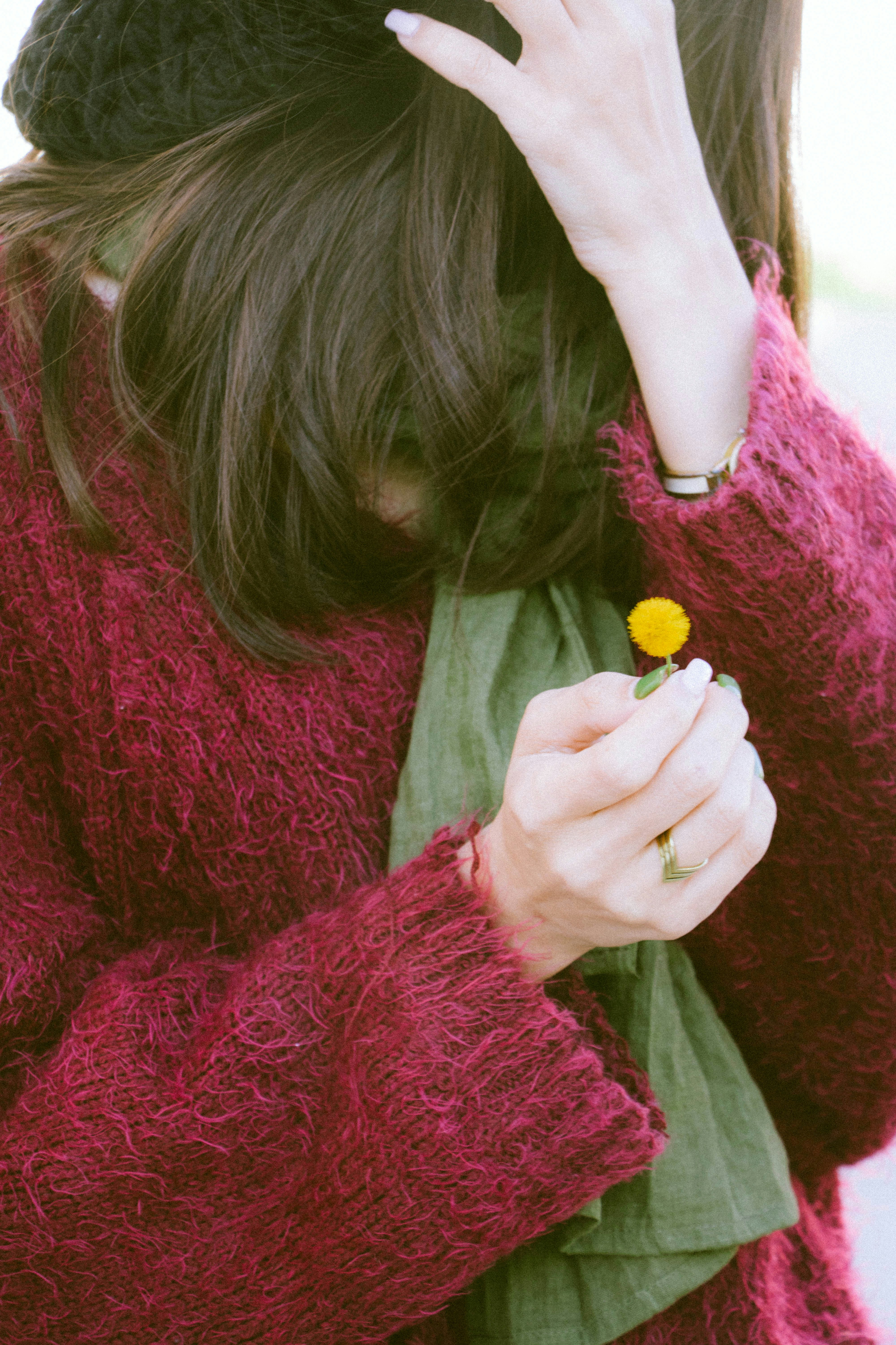 Crimson Knit, a Petite Yellow Bloom: A Quiet Moment