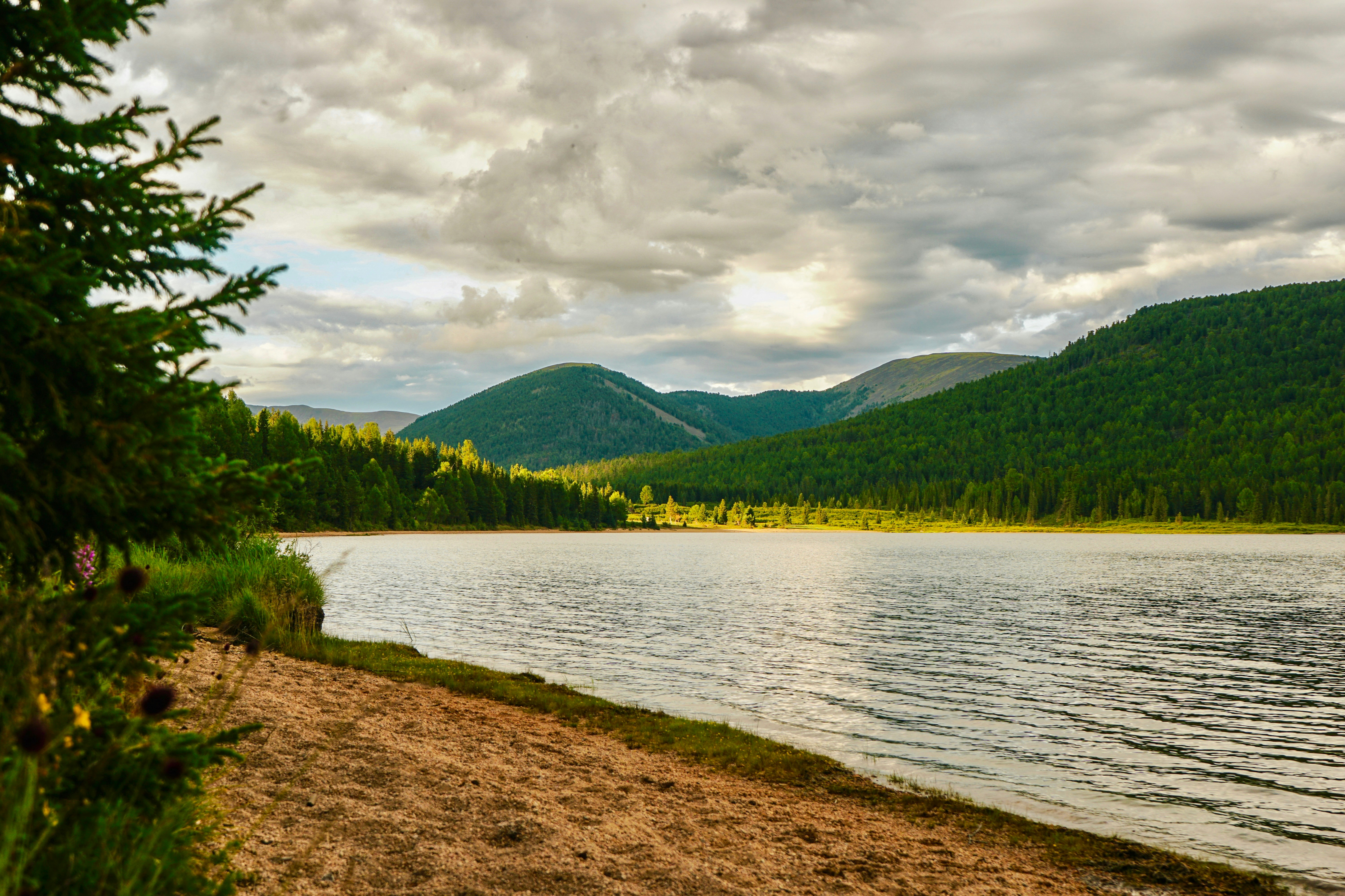Tranquil lake surrounded by lush green hills under a cloudy sky.