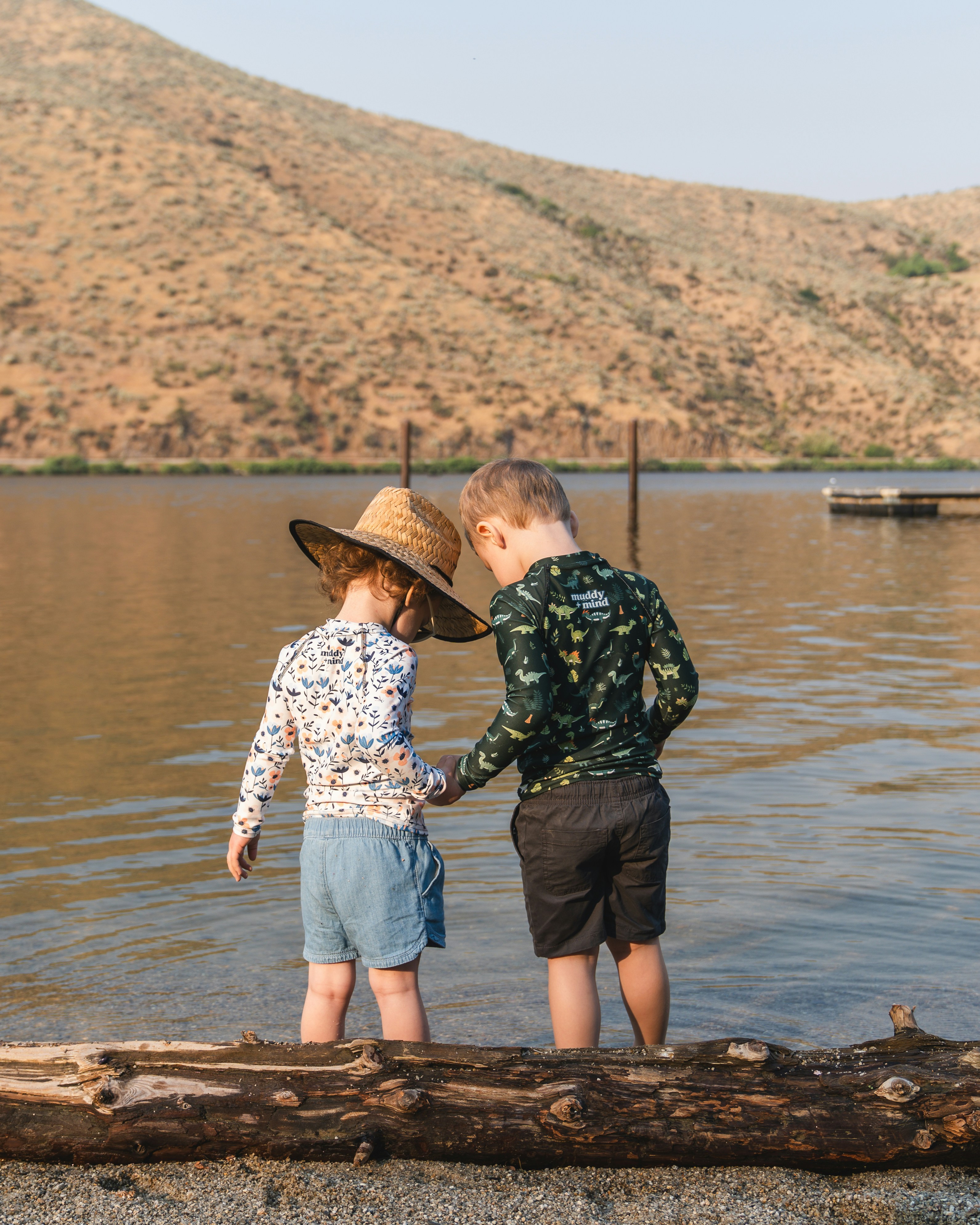 Quiet Meeting on the Log: Siblings at a Lake's Edge