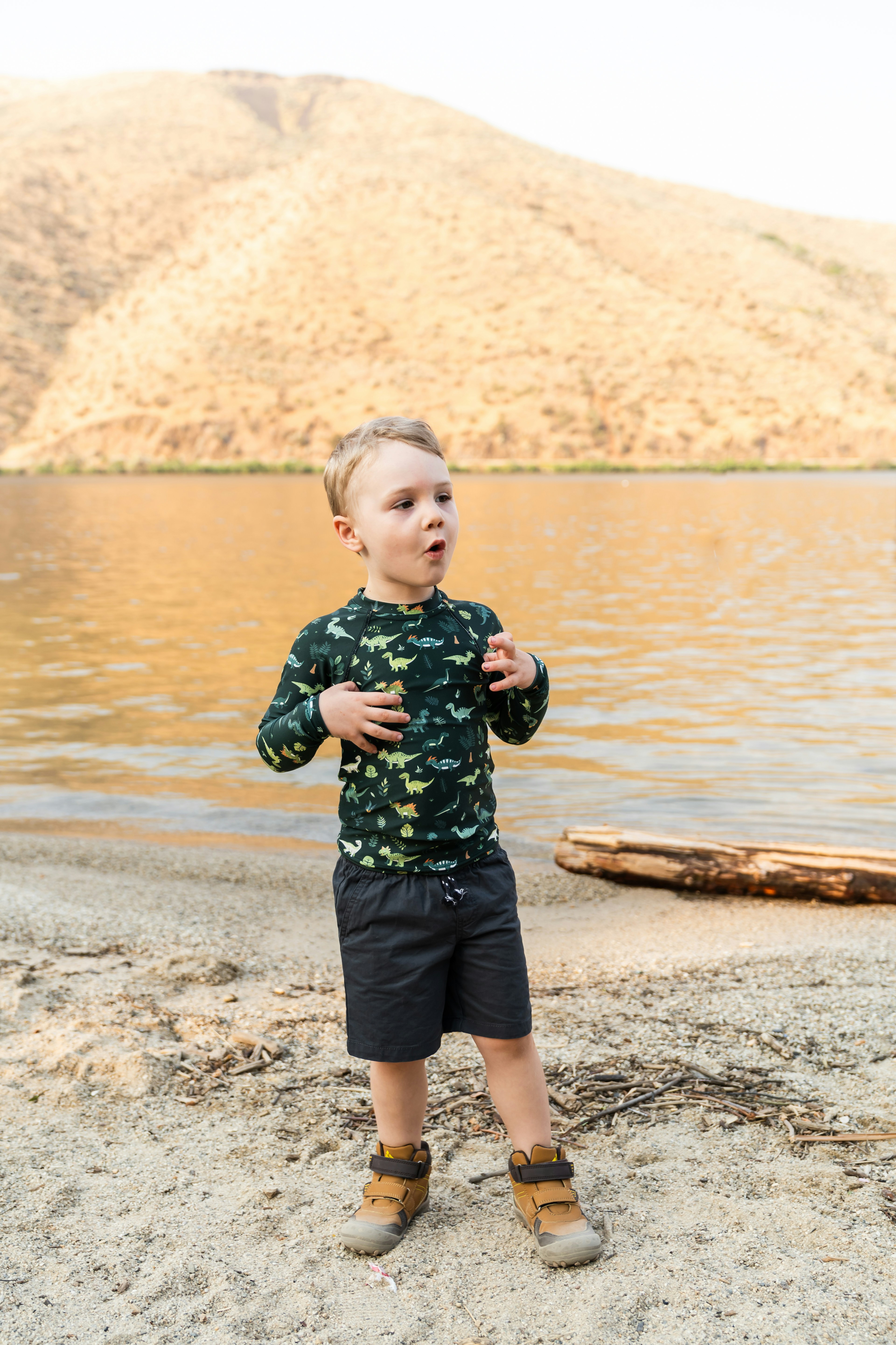 Young child in dinosaur-patterned shirt expresses excitement by the shimmering lake, surrounded by golden hills. 