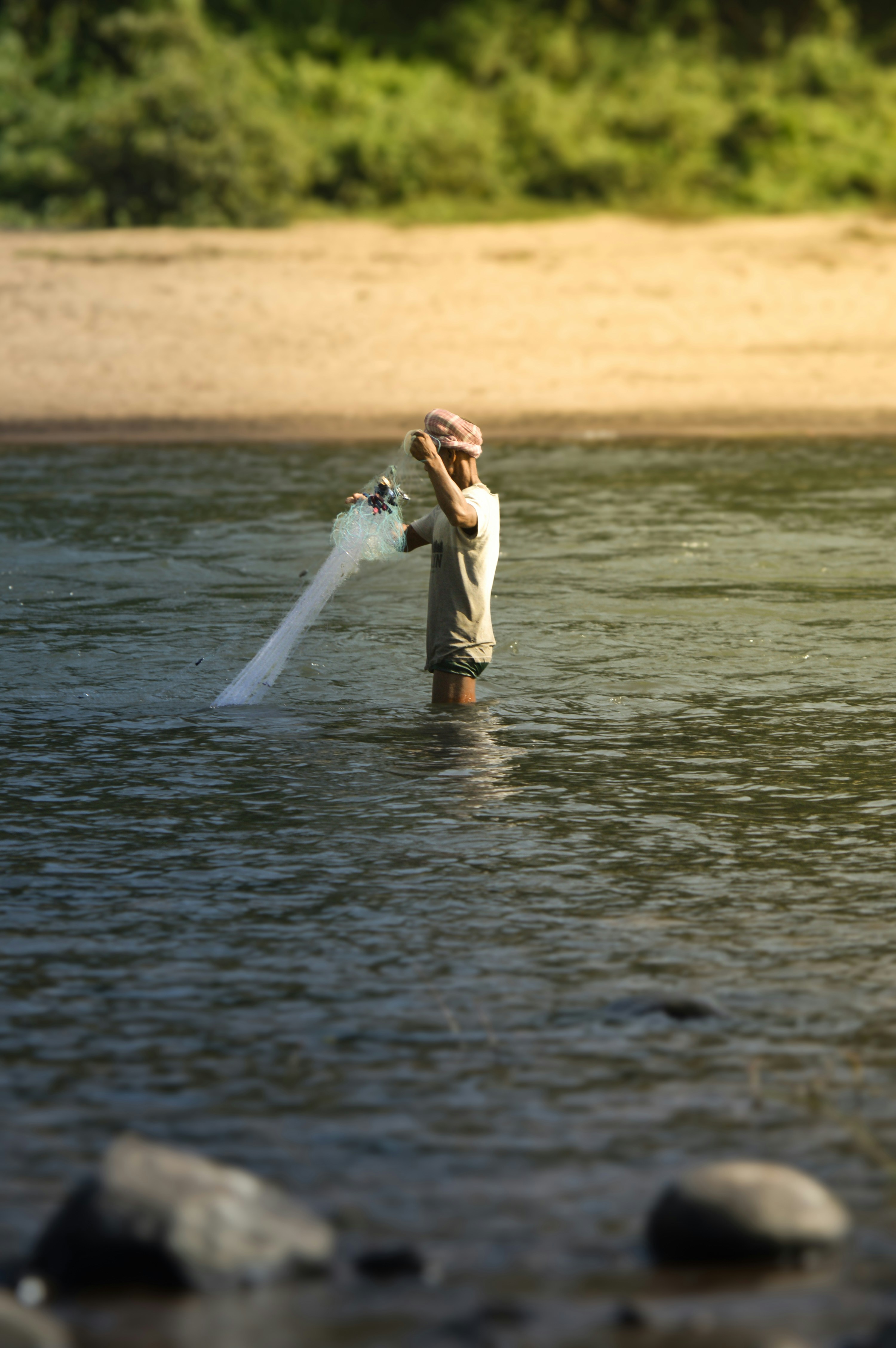 Drenching Dawn: A lone figure stands waist-deep in a river, spraying water skyward.