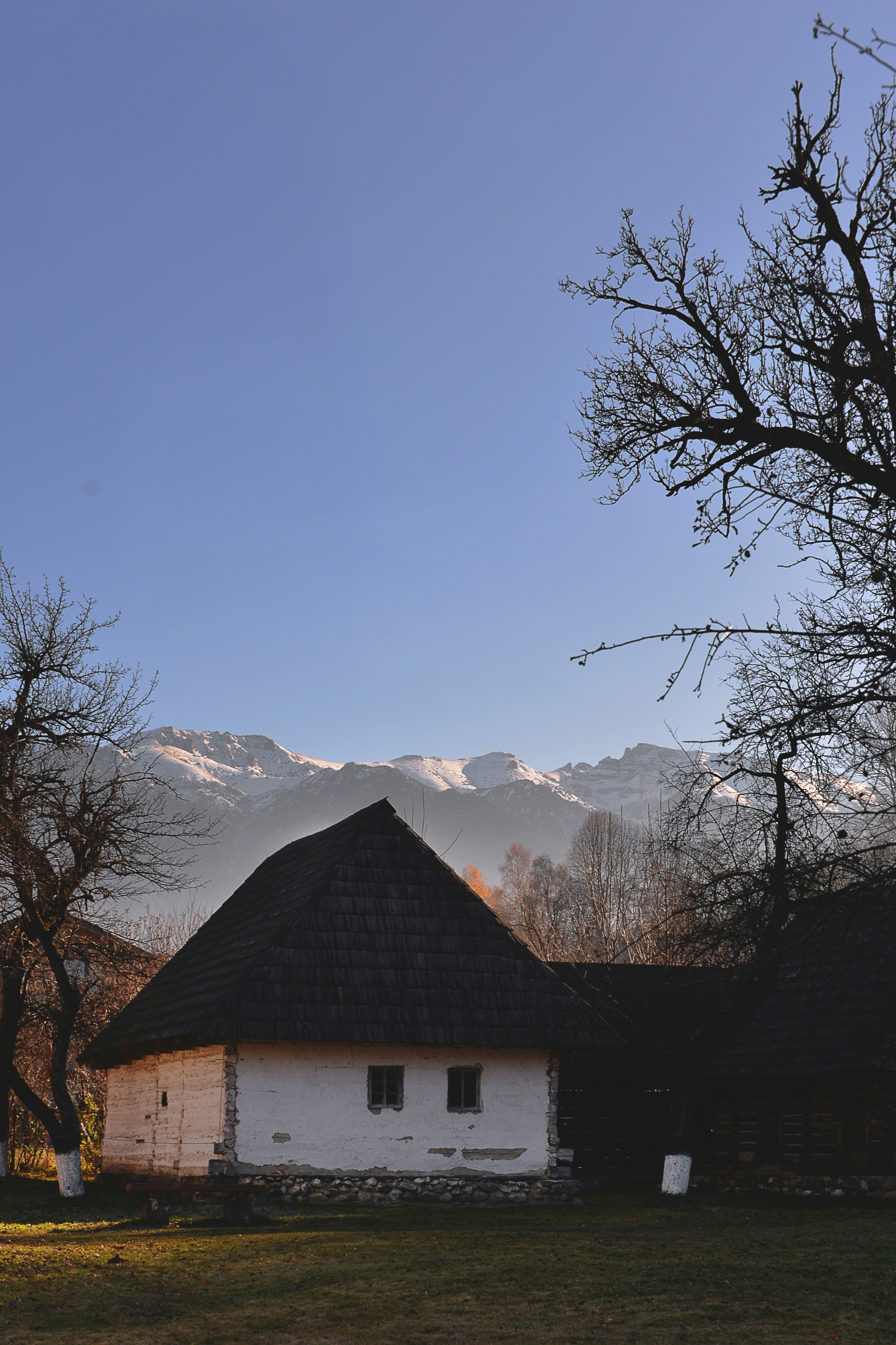Traditional wooden house nestled against a backdrop of snow-capped mountains, framed by leafless trees under a clear sky.