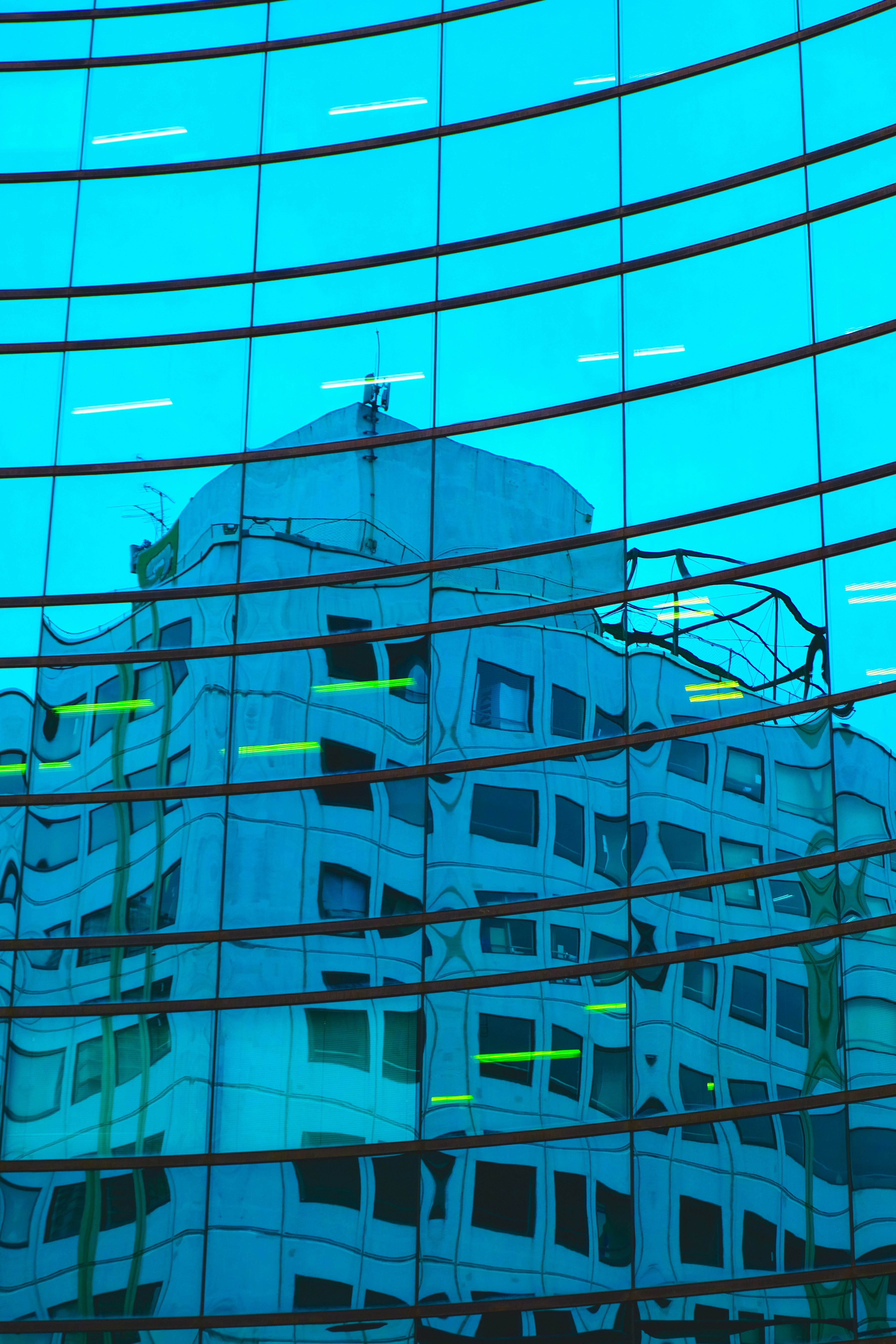 Blue-grid reflections: cityscape warped in curved glass