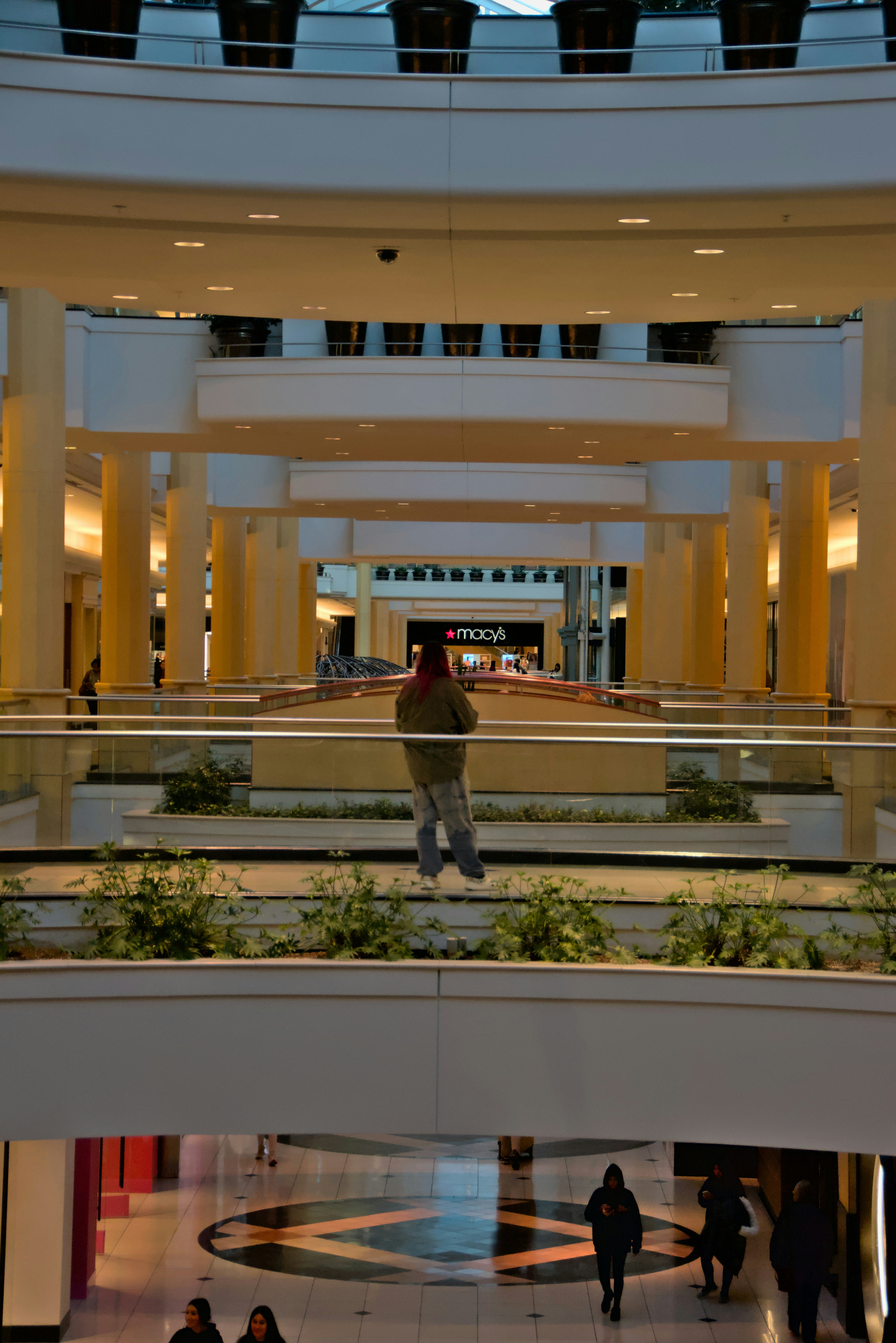 Center Corridor of the Mall: A Solitary Figure Amid Staircase Symmetry