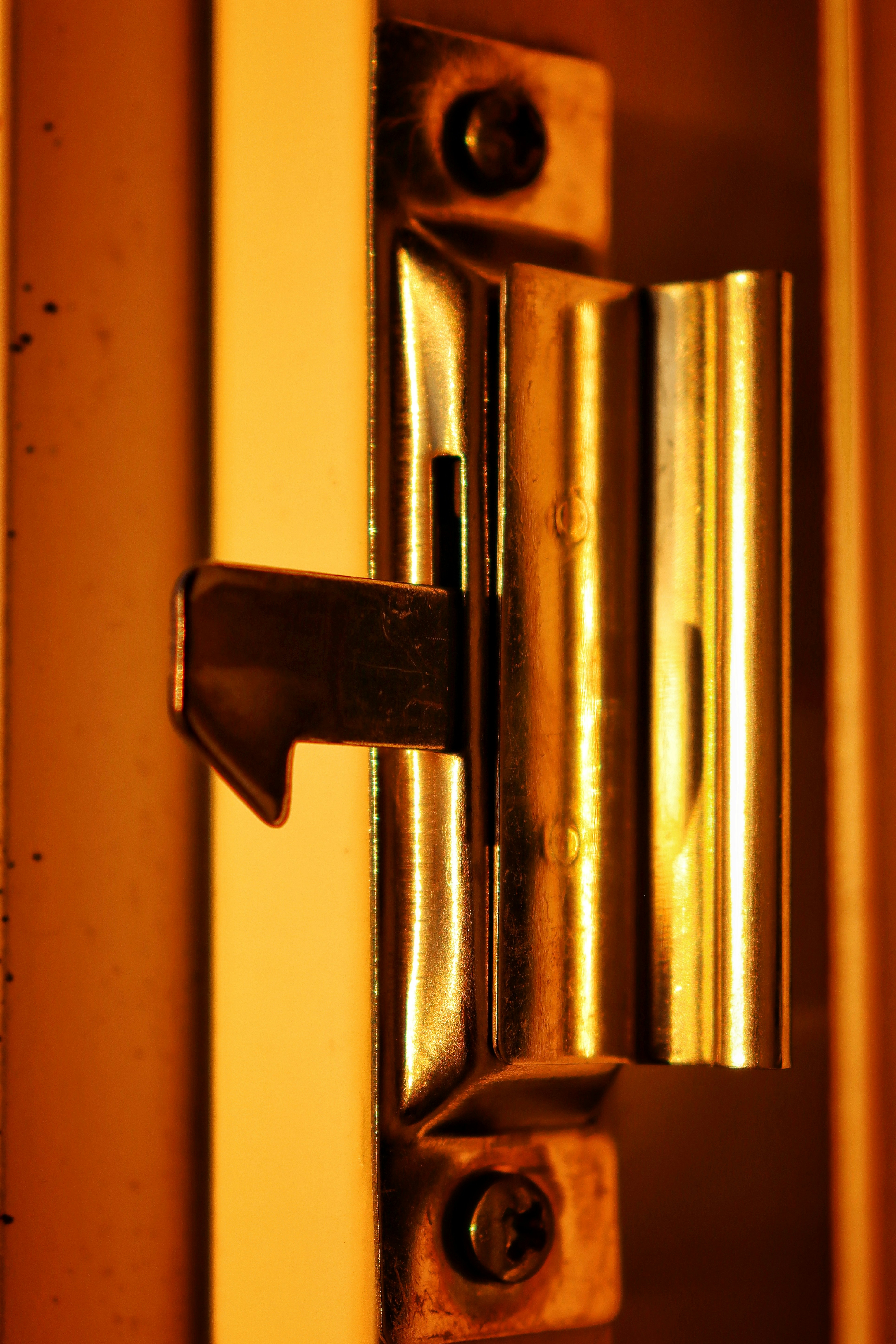 Close-up of a metallic door latch reflecting warm light, emphasizing its intricate design and functionality.