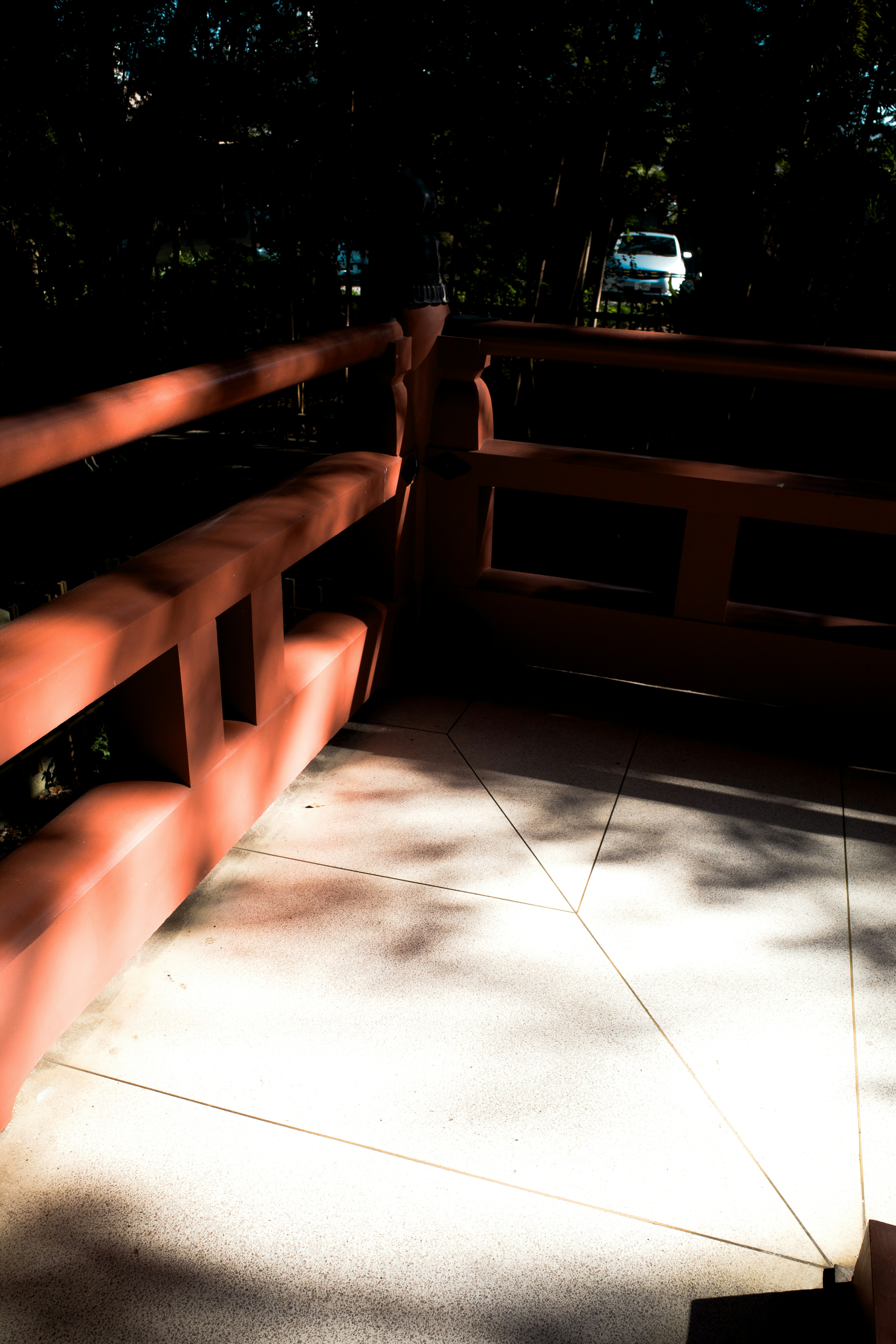 Red Railings and Quiet Shadows: Balcony Moment Above the Pines