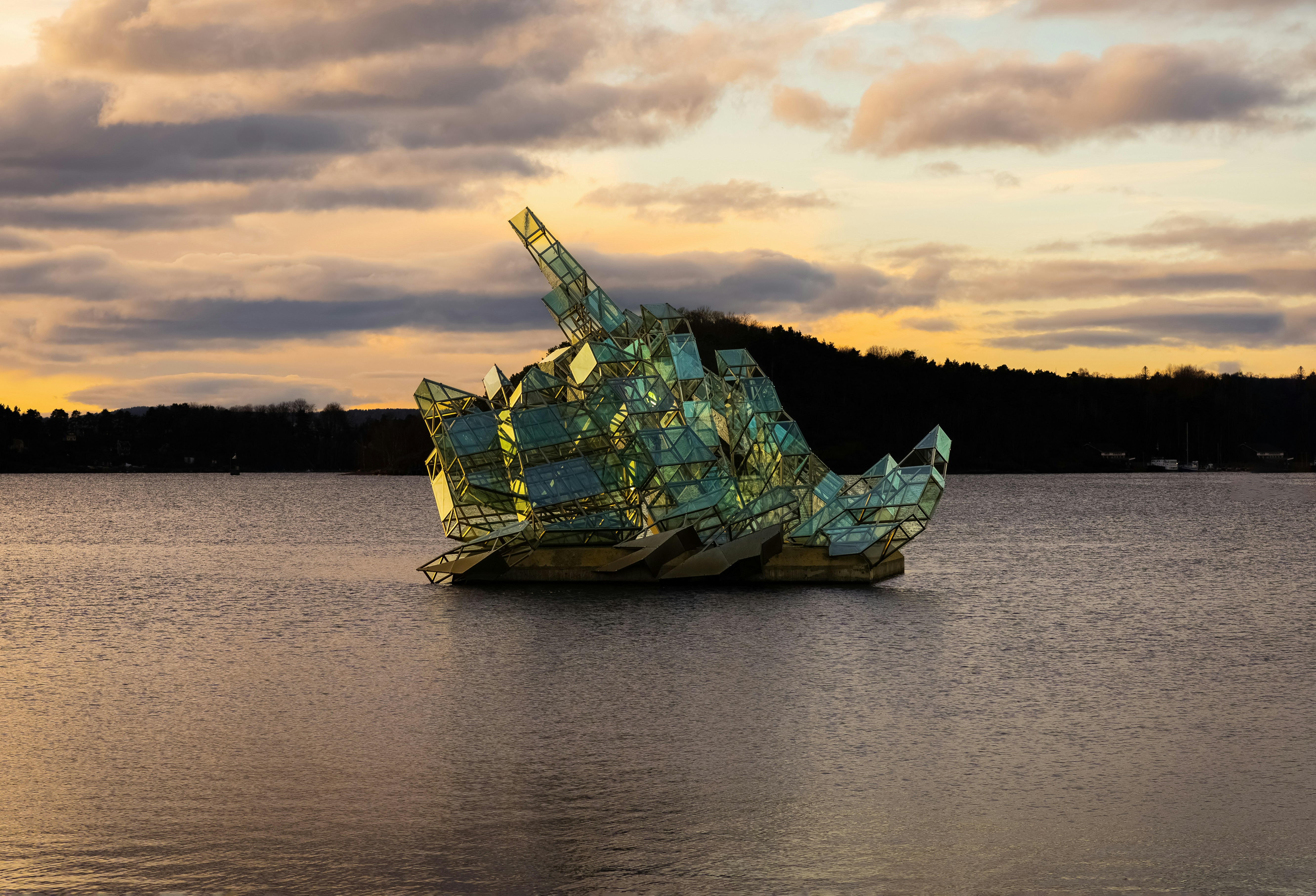Fractured Vessel at Dusk: Glass Reef on a Quiet Lake