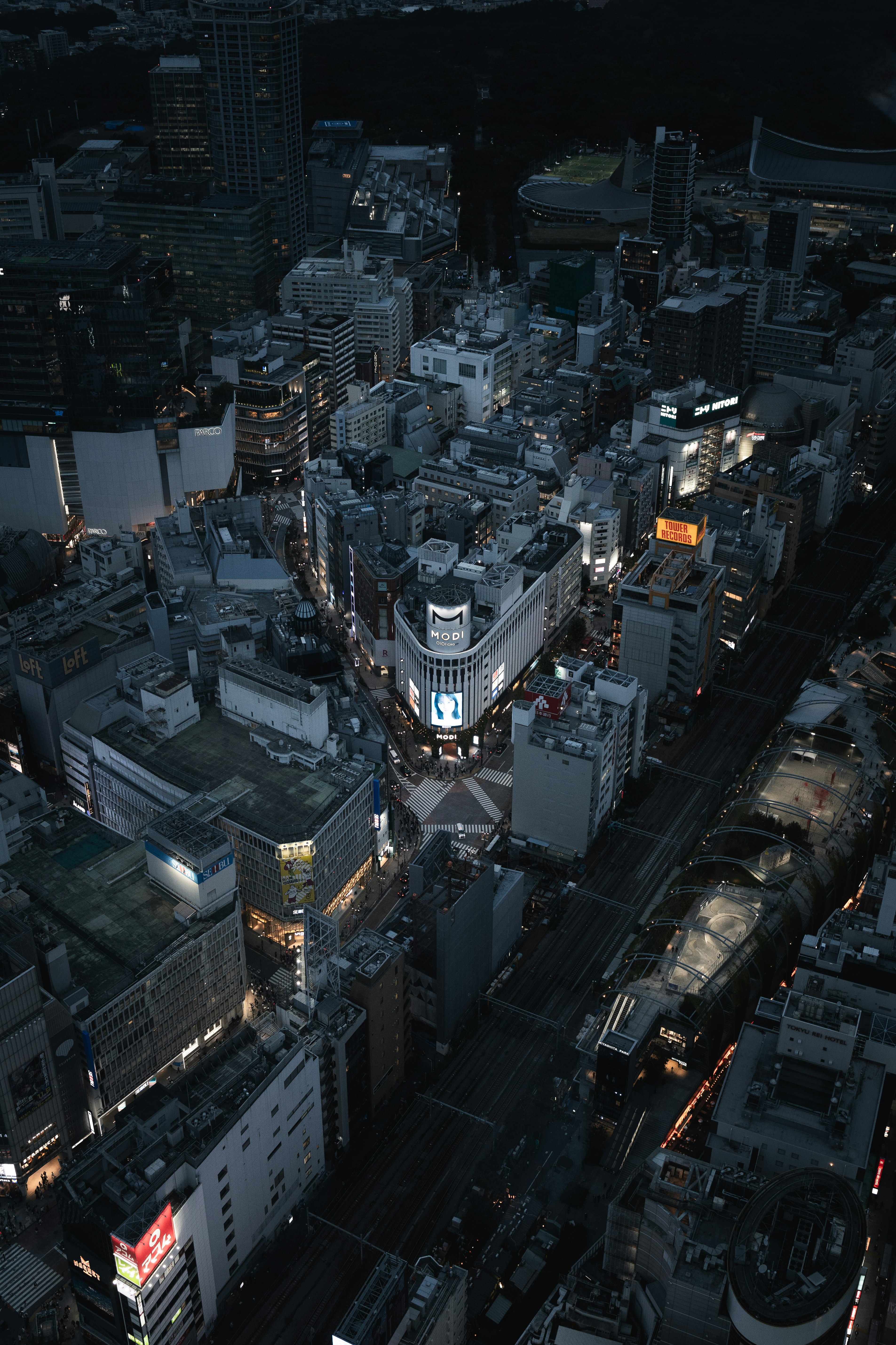 Neon Spine: Aerial Night Run Through Shibuya’s Velvet Grid