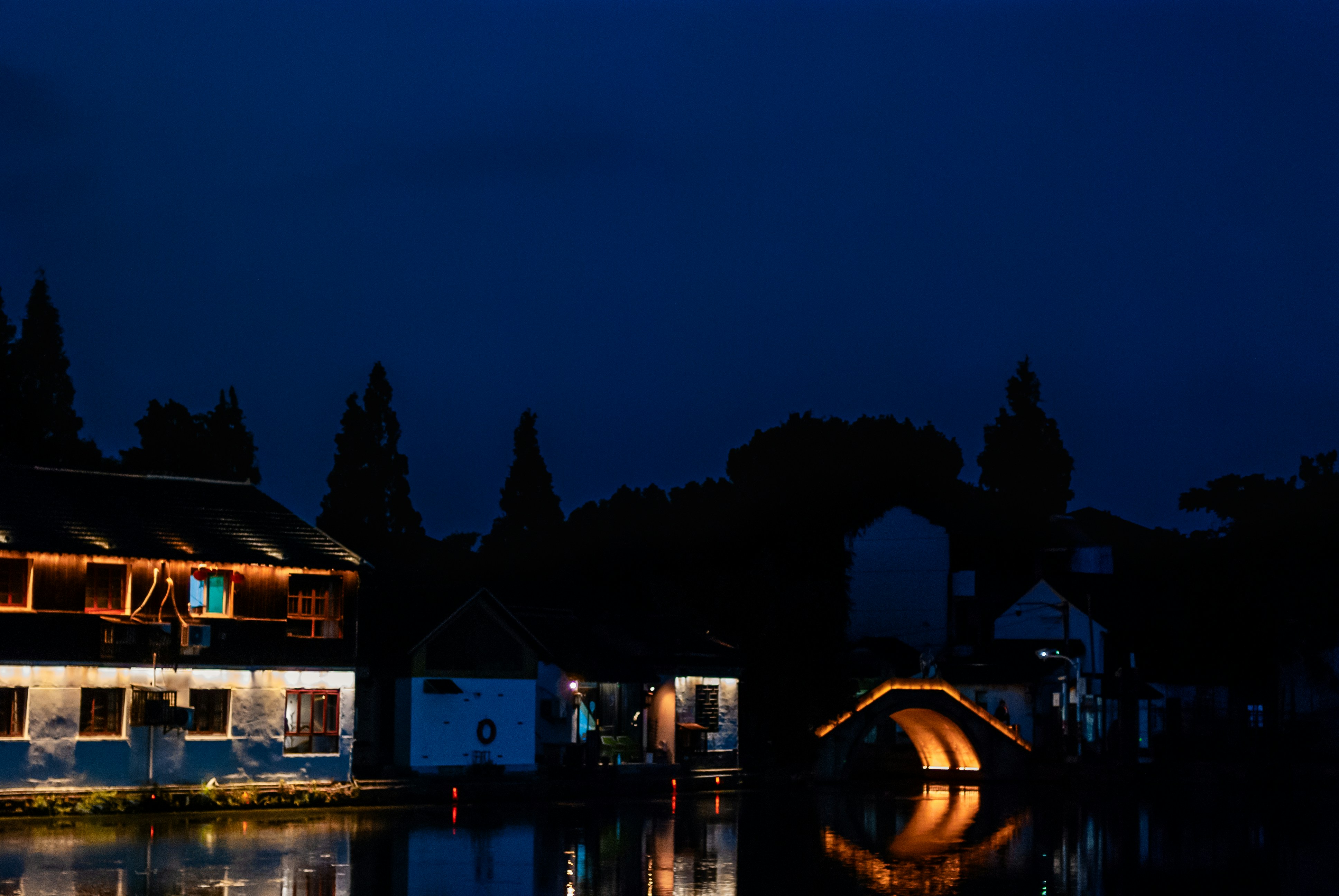 A night scene of a boat house on a lake photo – Free Zhujiajiao Image ...