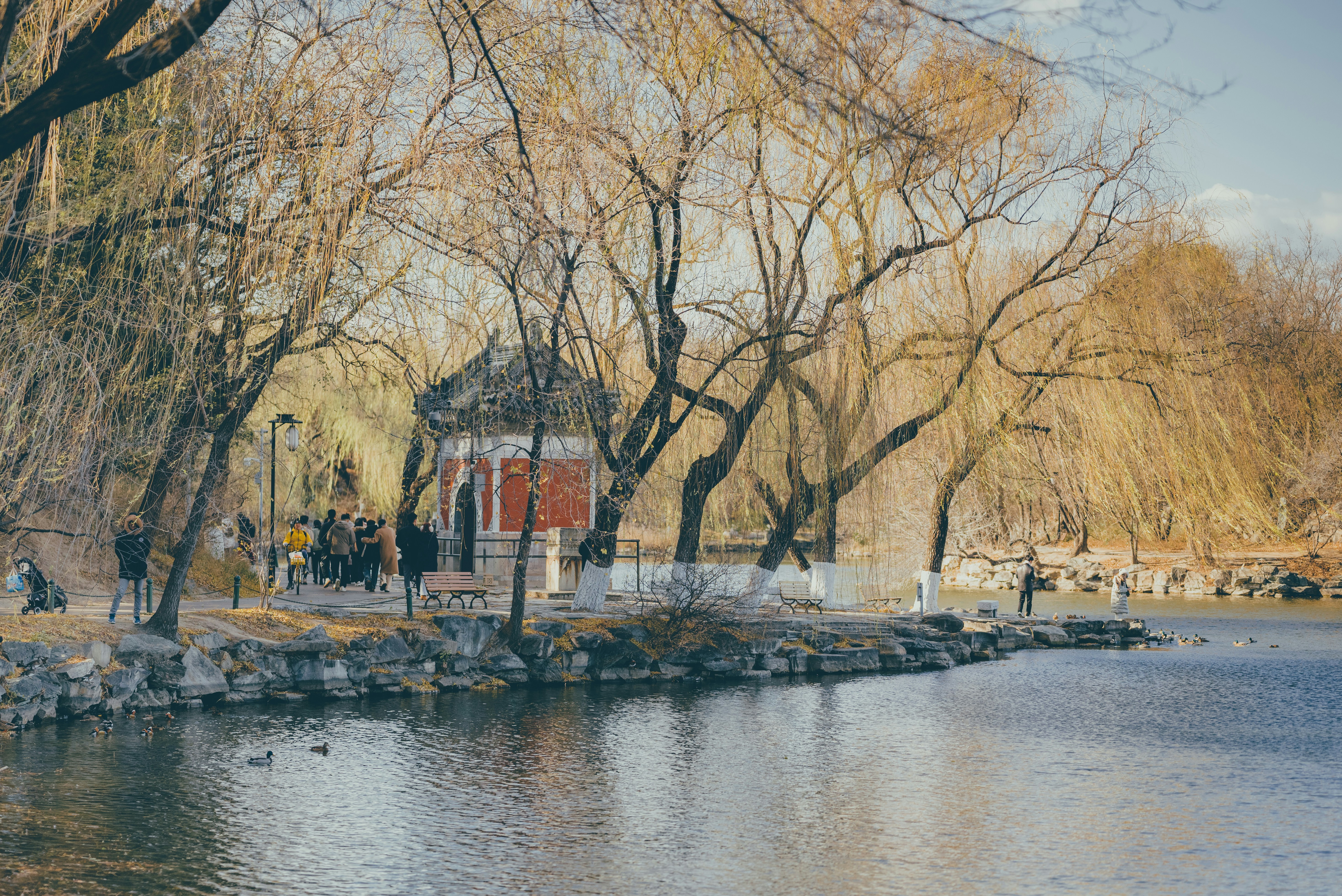 A small red building sitting next to a body of water photo – Free ...