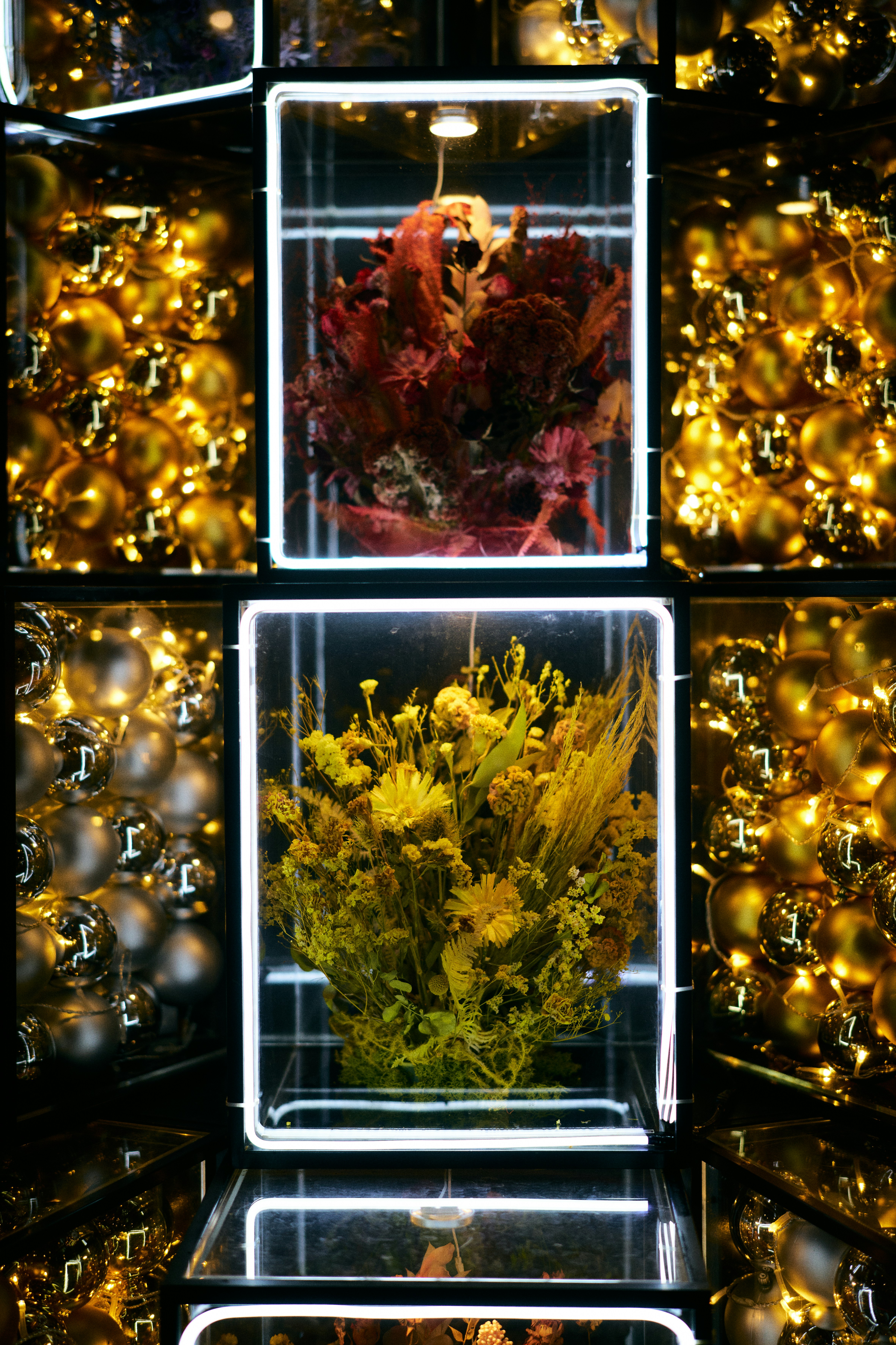 Neon-Outlined Florals in a Two-Tier Glass Frame