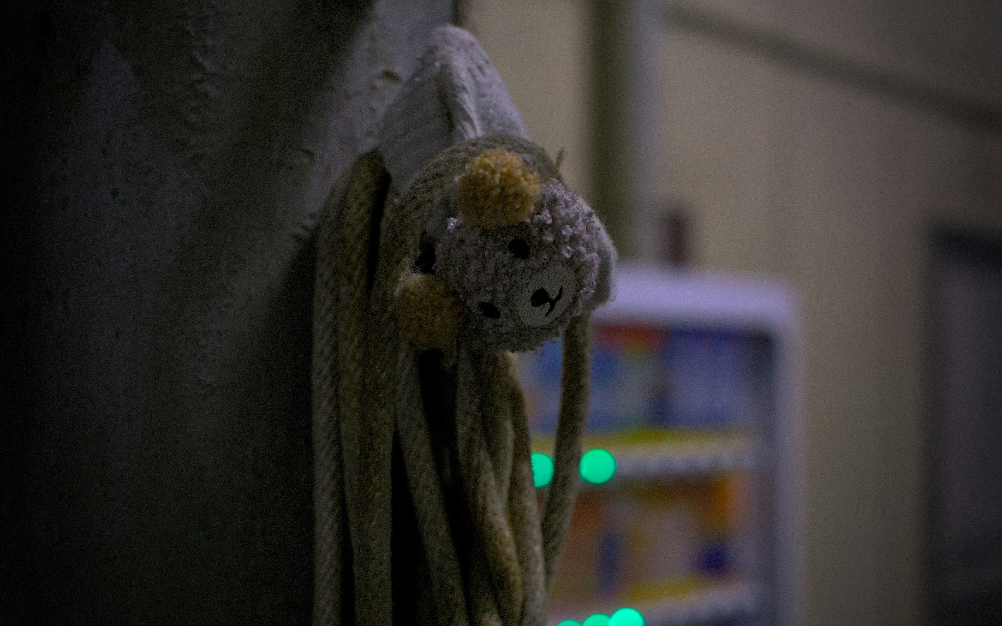 Twilight Plush on a Rope in a Dim Utility Corridor