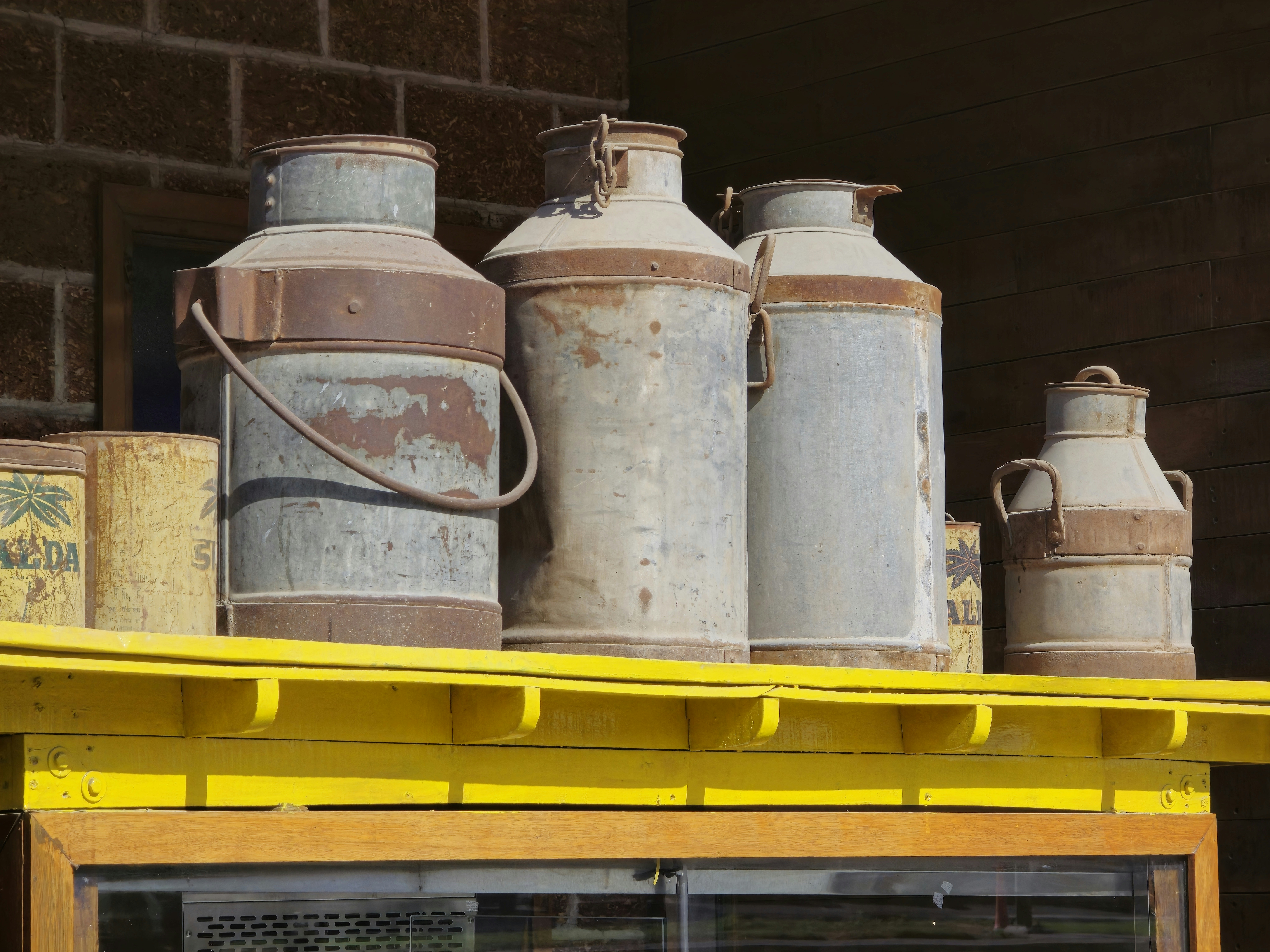 Sunlit Rust on Yellow Steel: A Row of Milk Cans