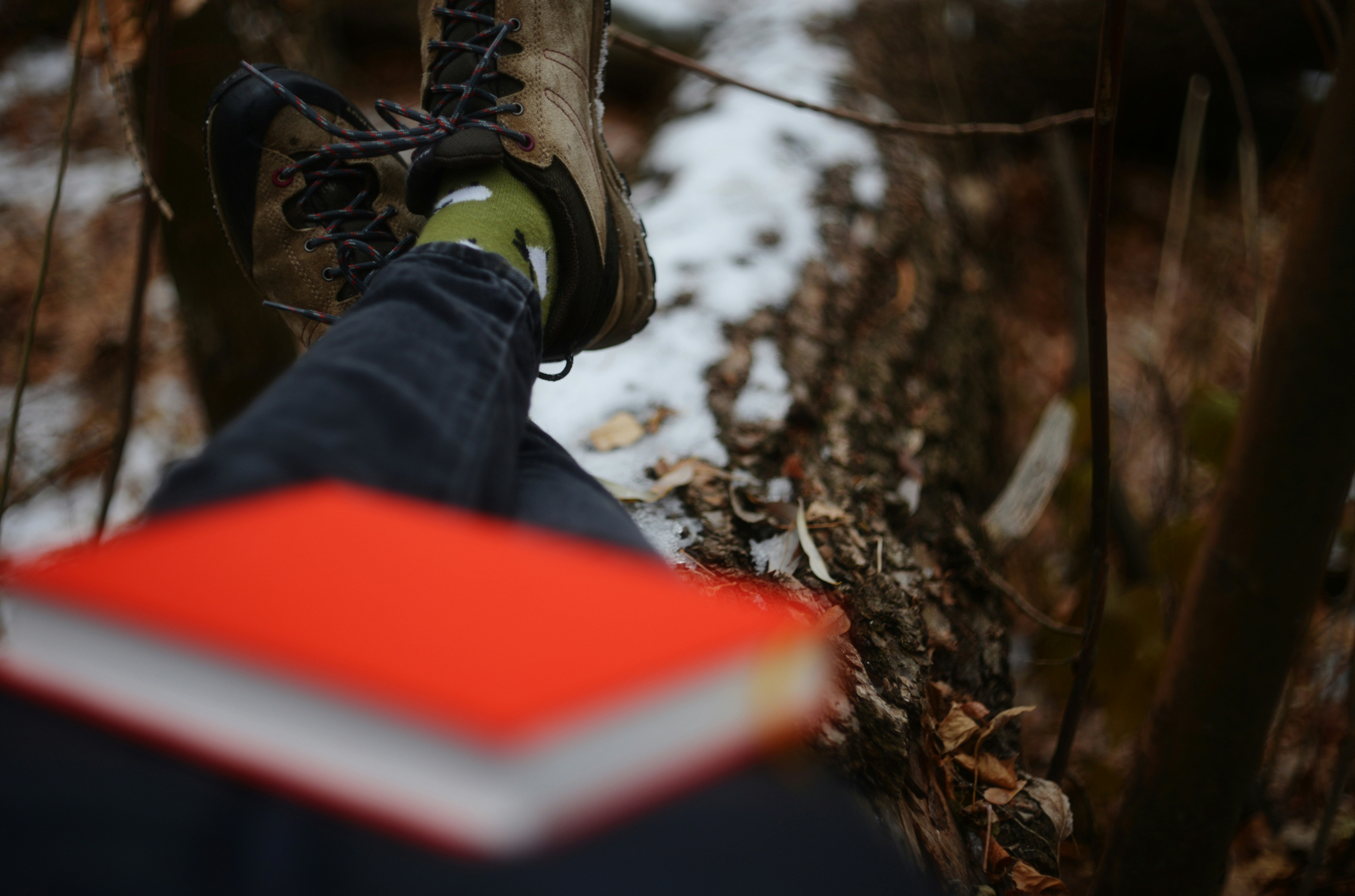 Ground-Level Pause: Boots Rest Over a Snow-Dusted Forest Floor beside an Orange Notebook