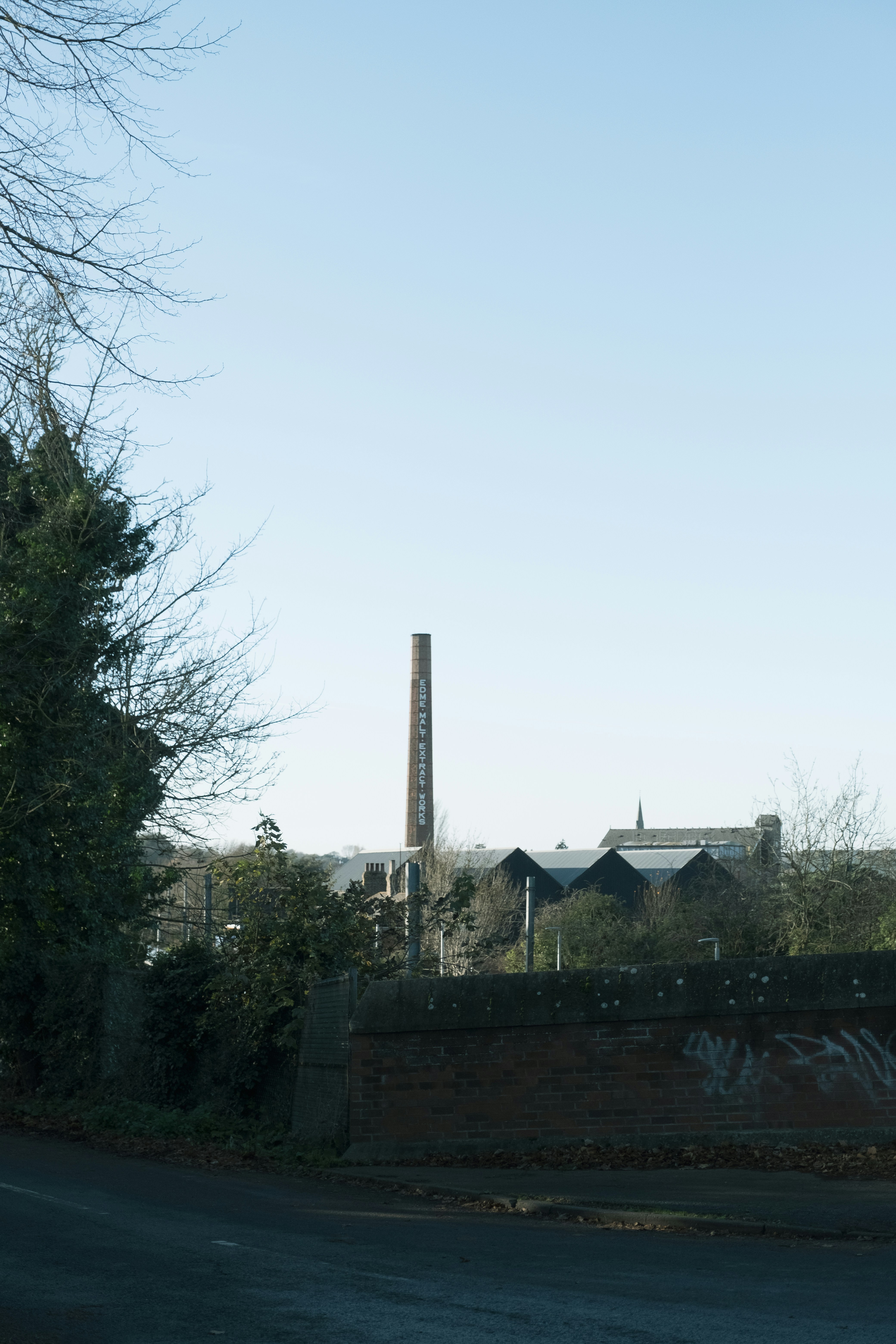 Historic smokestack rising above an industrial landscape, framed by trees and clear blue sky.