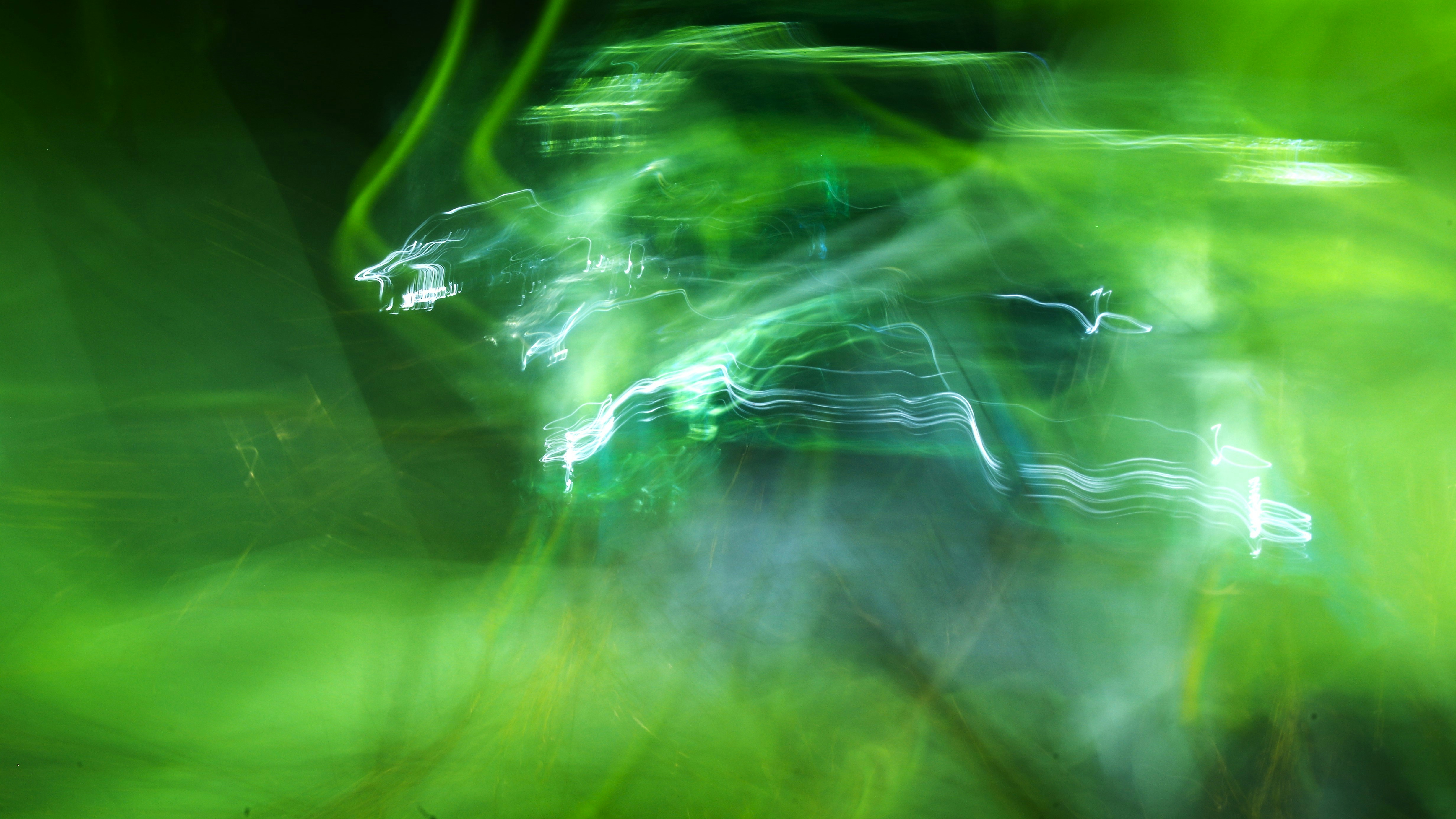Verdant Neon Trails: Light Orbits Across a Green Blur