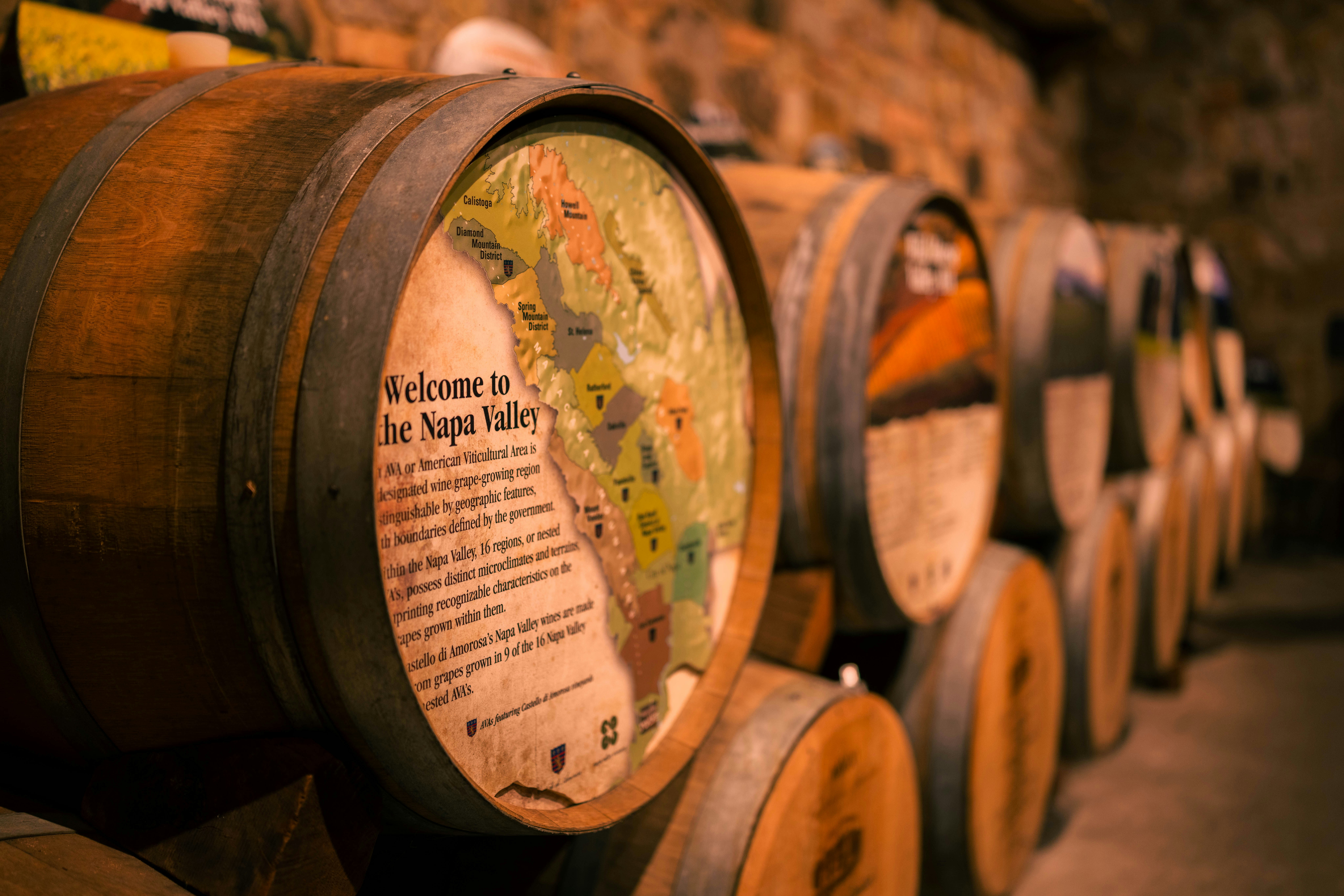 Map-Wrapped Barrels: A Quiet Napa Valley Cellar Corridor