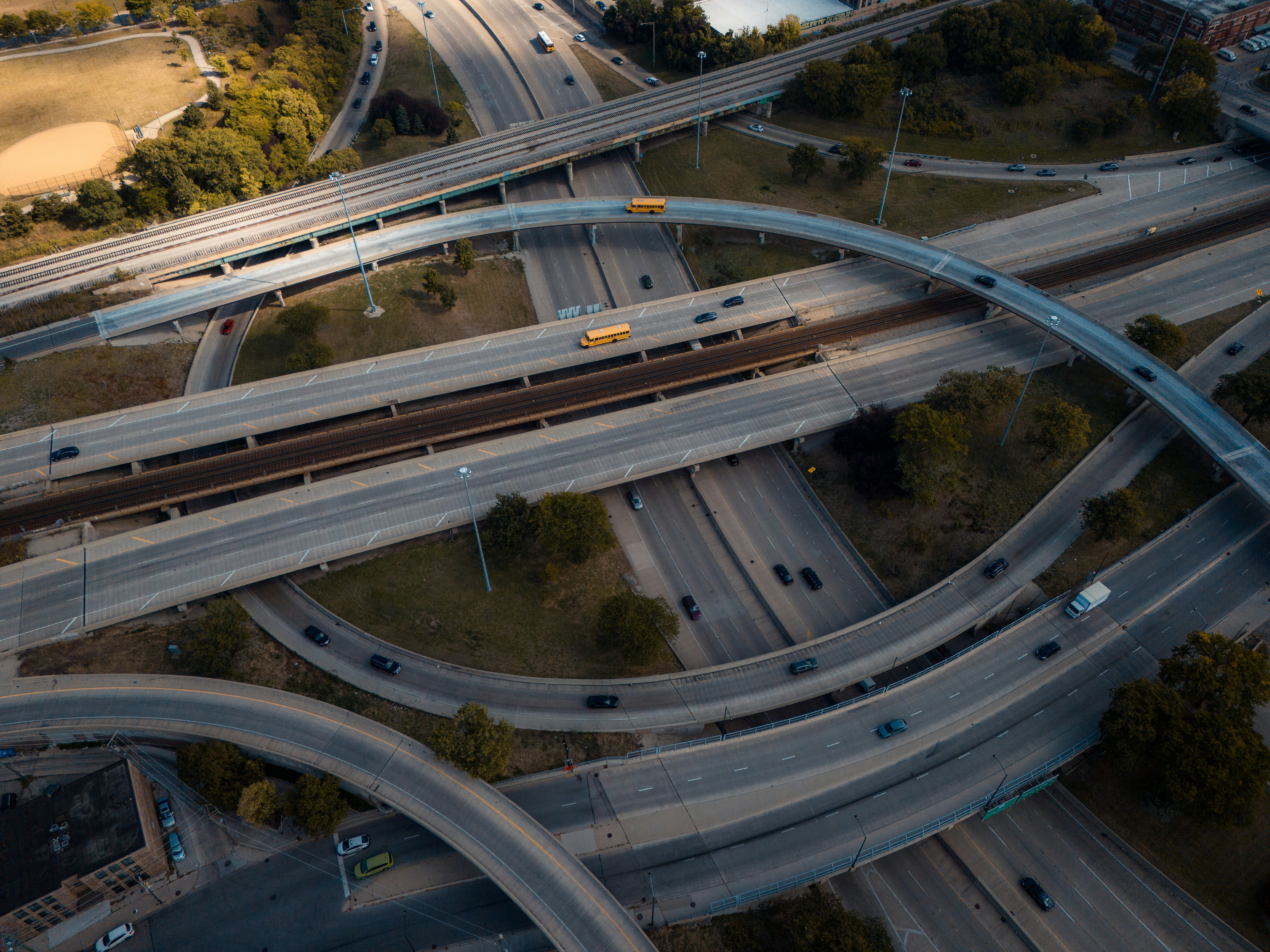 An aerial view of a highway intersection with multiple lanes photo ...