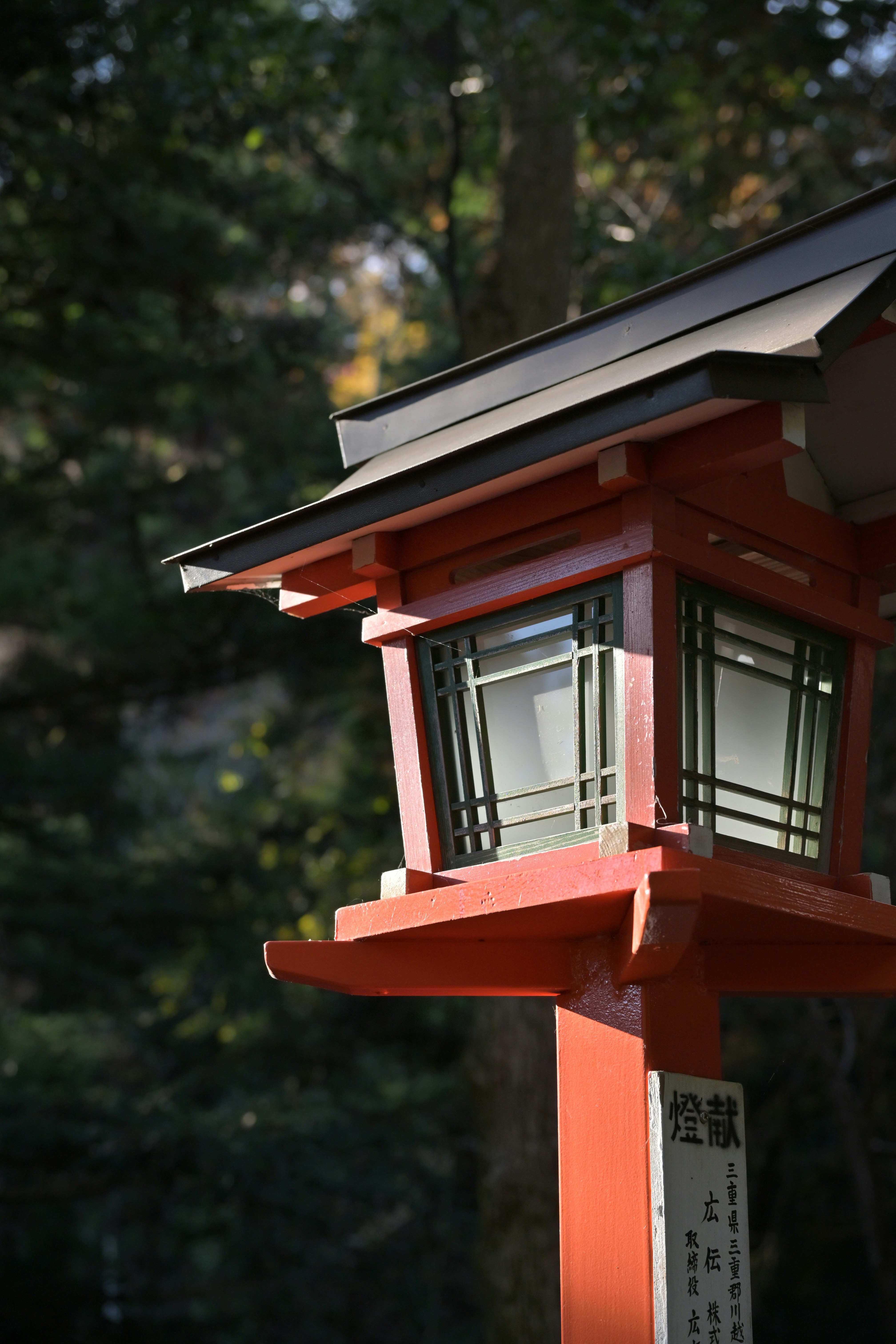 Crimson Shrine Lantern Pierced by Dappled Forest Light