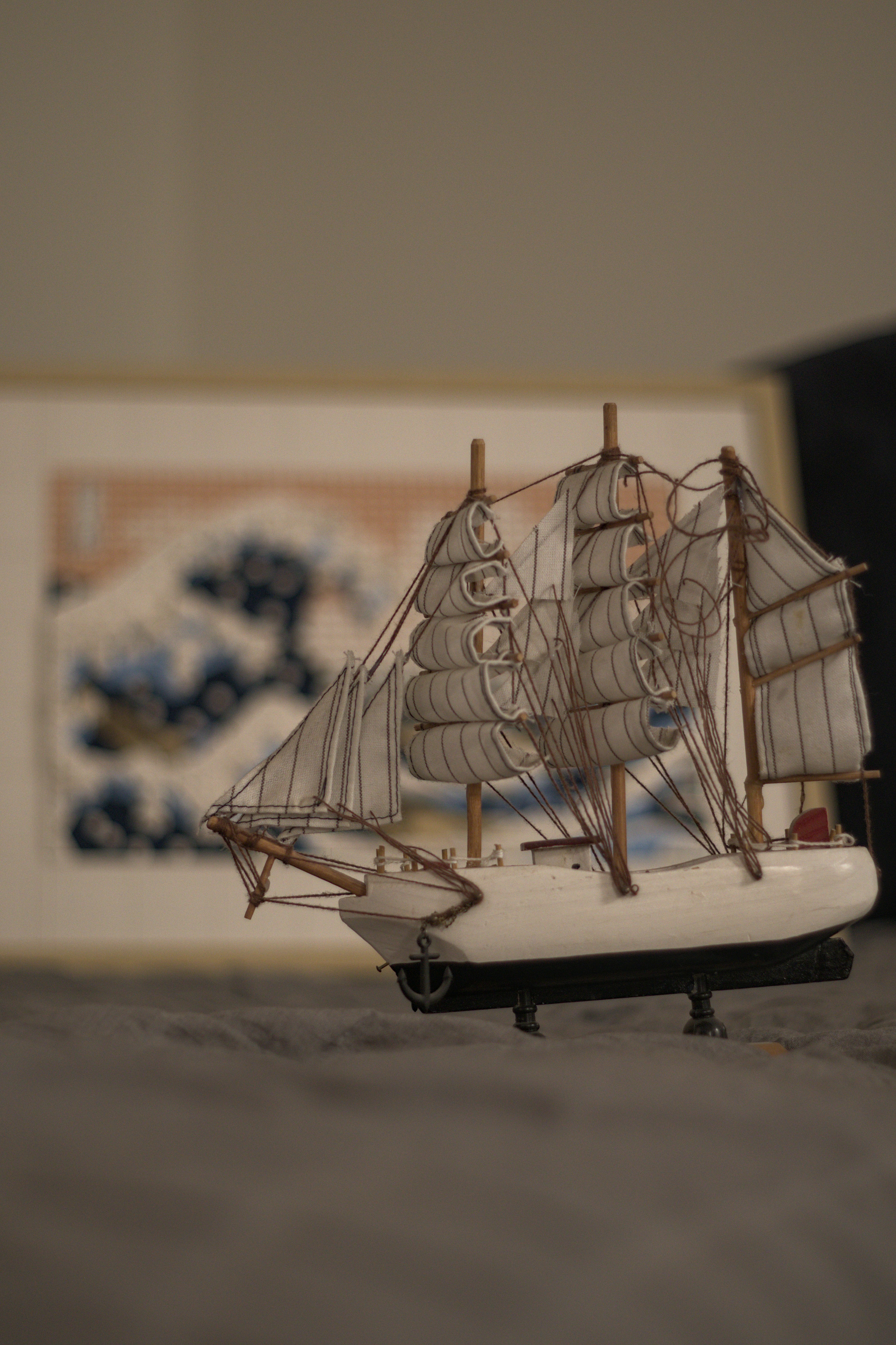 Sail on a Tabletop: Handcrafted Ship Model in Soft Indoor Light