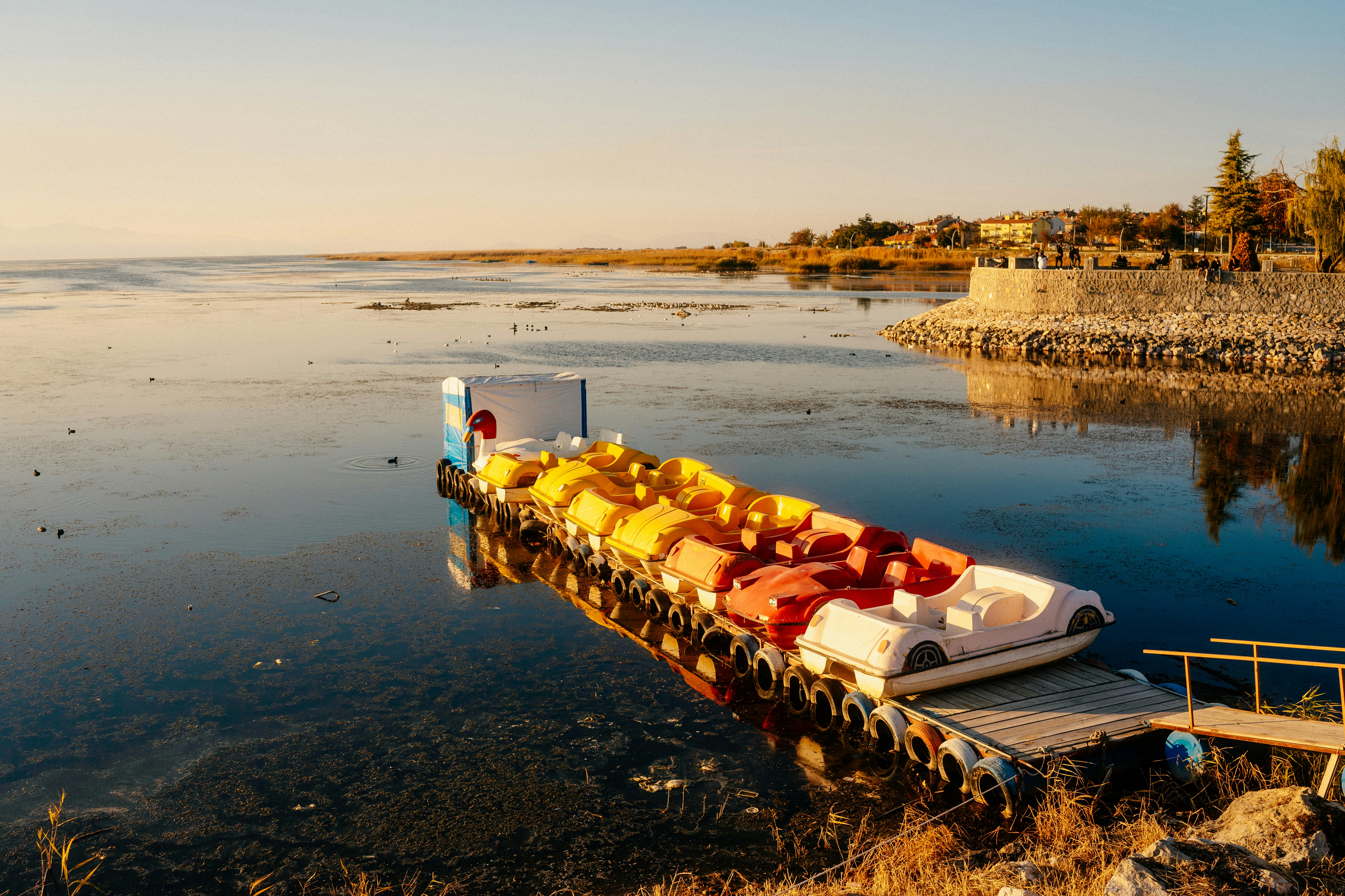 Sunlit Seafare: Pedal Boats at the Quiet Dock