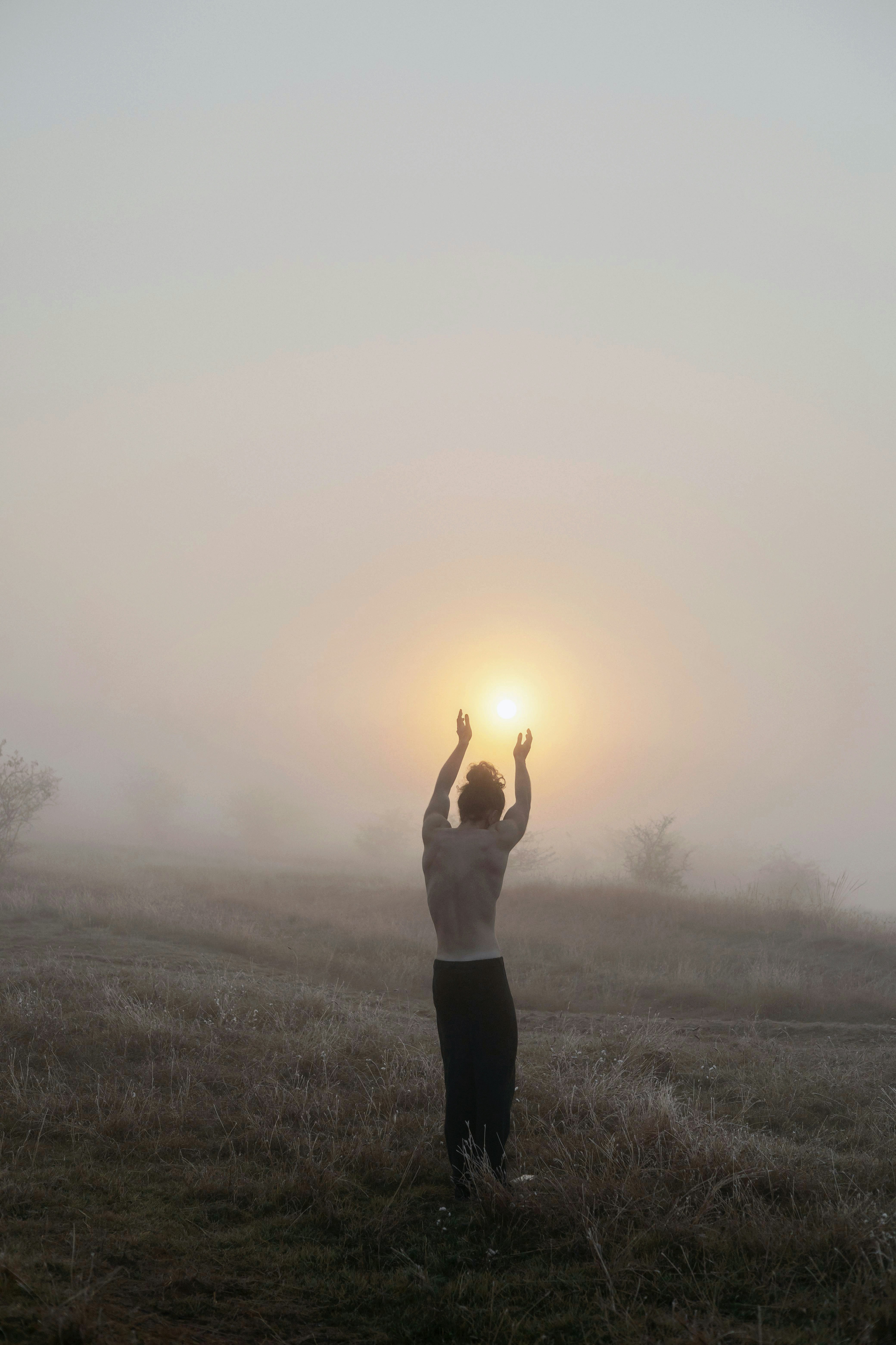 Dawn Ascension: Silhouette Reaching Toward the Misty Sun