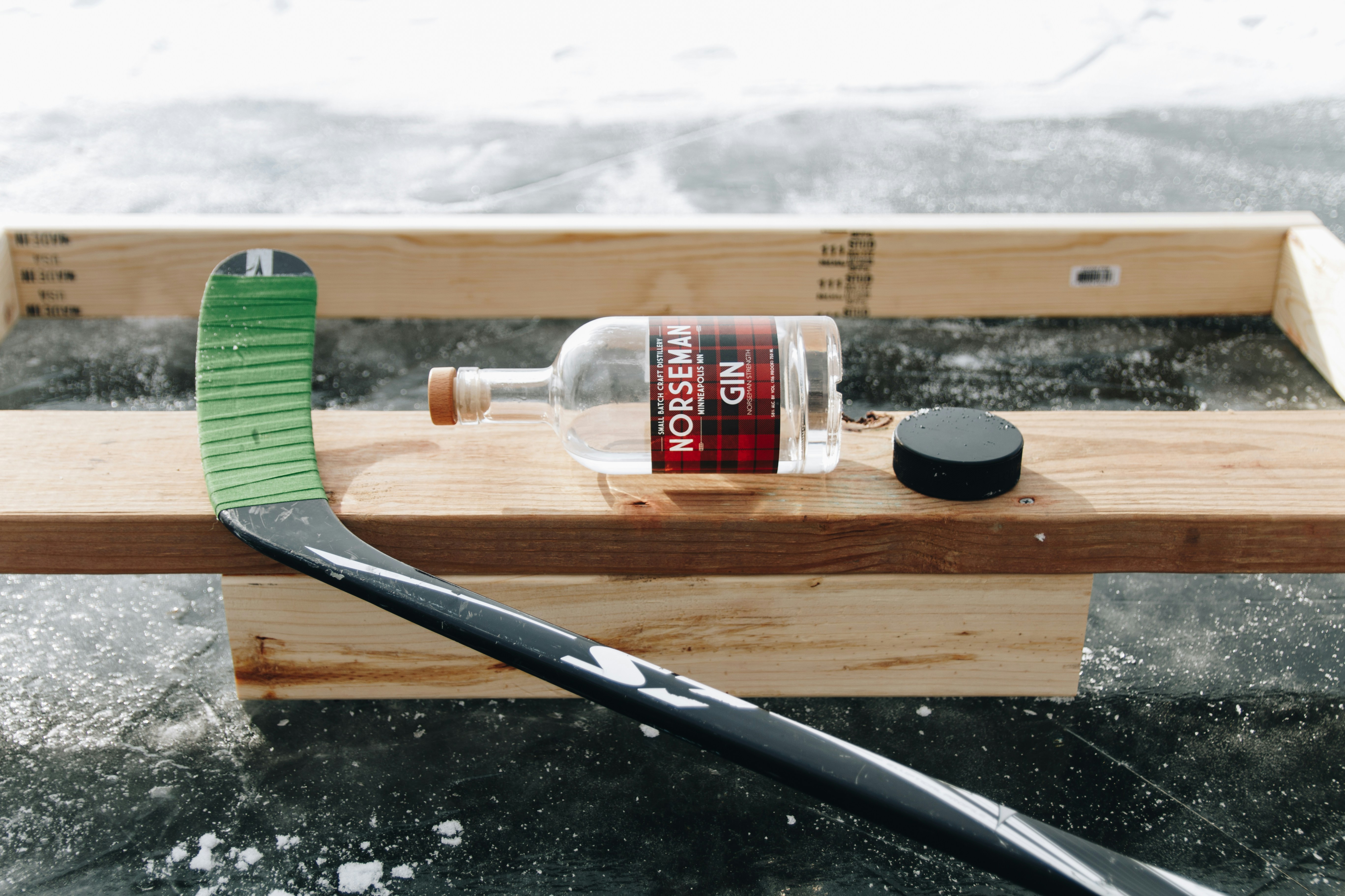 Winter Still Life: Norse Gin Resting on a Wooden Ice Frame