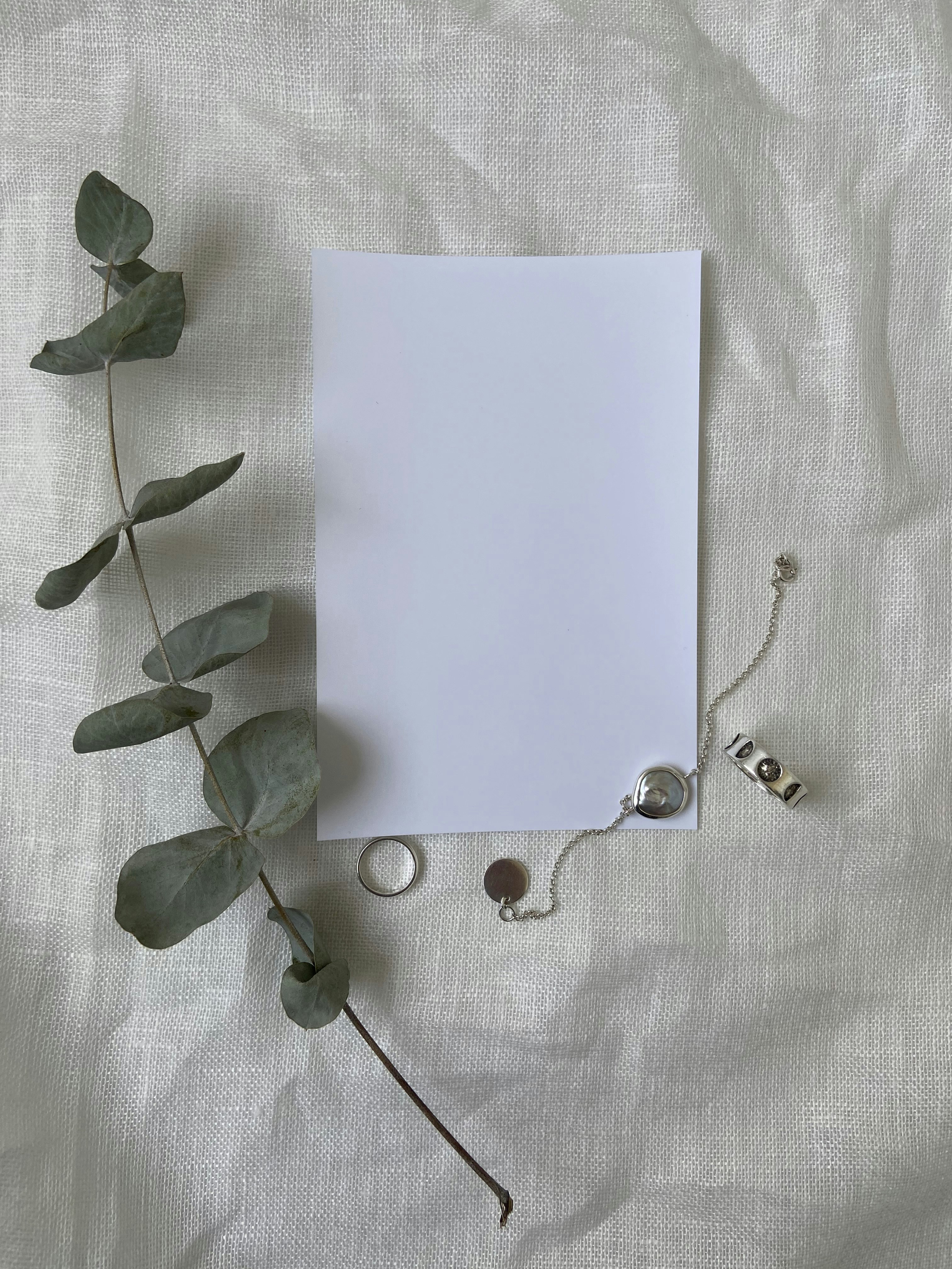 Serene Flat-Lay: White Card, Eucalyptus, and Delicate Silver Jewelry