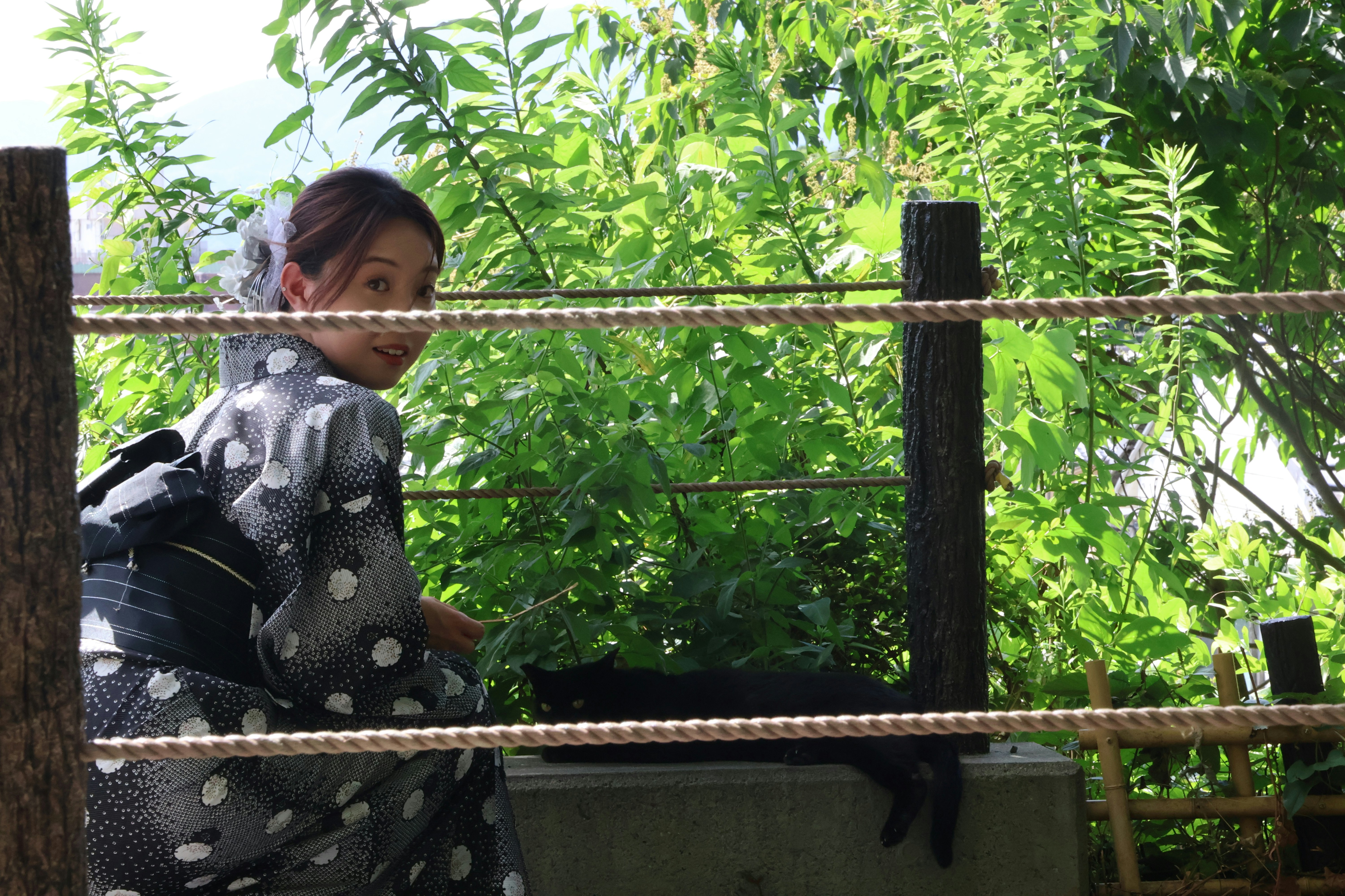 Glimpse Through the Barrier: Polka-Dot Kimono Portrait in Verdant Light