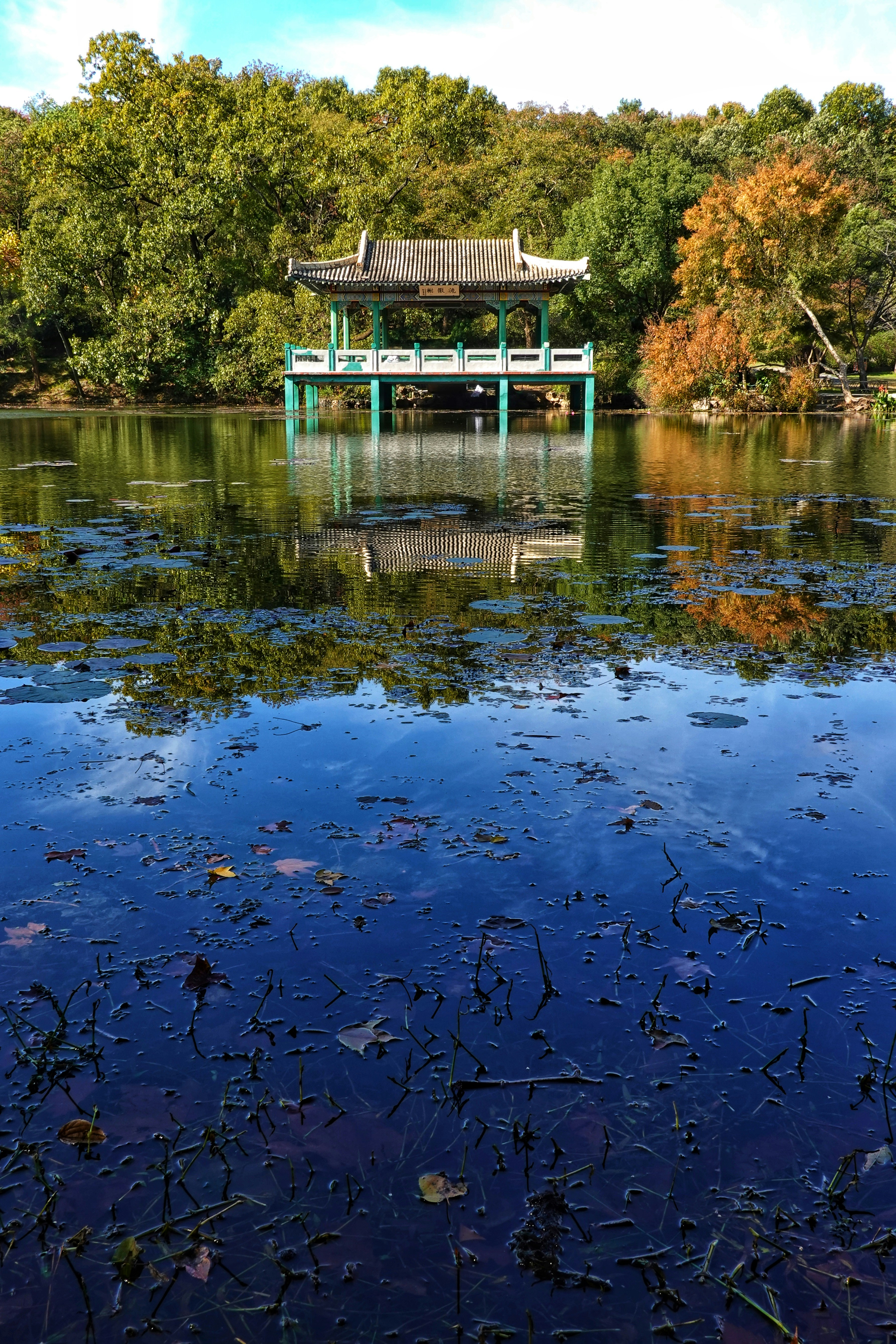 The lake was calm and clear, reflecting the sky and the surrounding scenery. There are some fallen leaves and aquatic plants on the lake, adding to the beauty of nature. In the middle of the lake, there is a traditional Chinese pavilion with a delicate structure and a sloping roof, which is typical of Oriental architecture. The reflection of the gazebo is clearly visible on the lake and blends in with the surrounding natural environment.