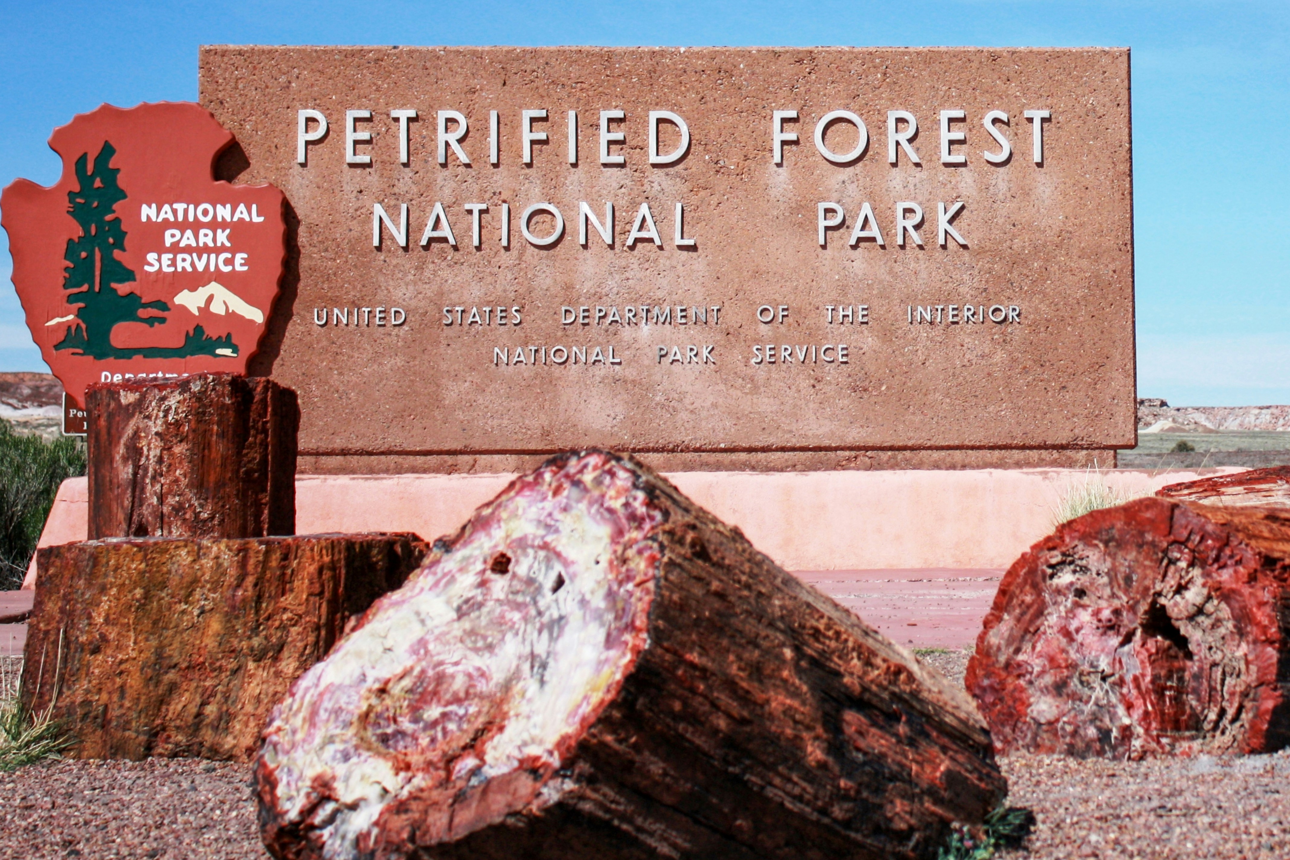Petrified Forest National Park sign with National Park Service emblem, framed by rough-cut logs on a gravel foreground.