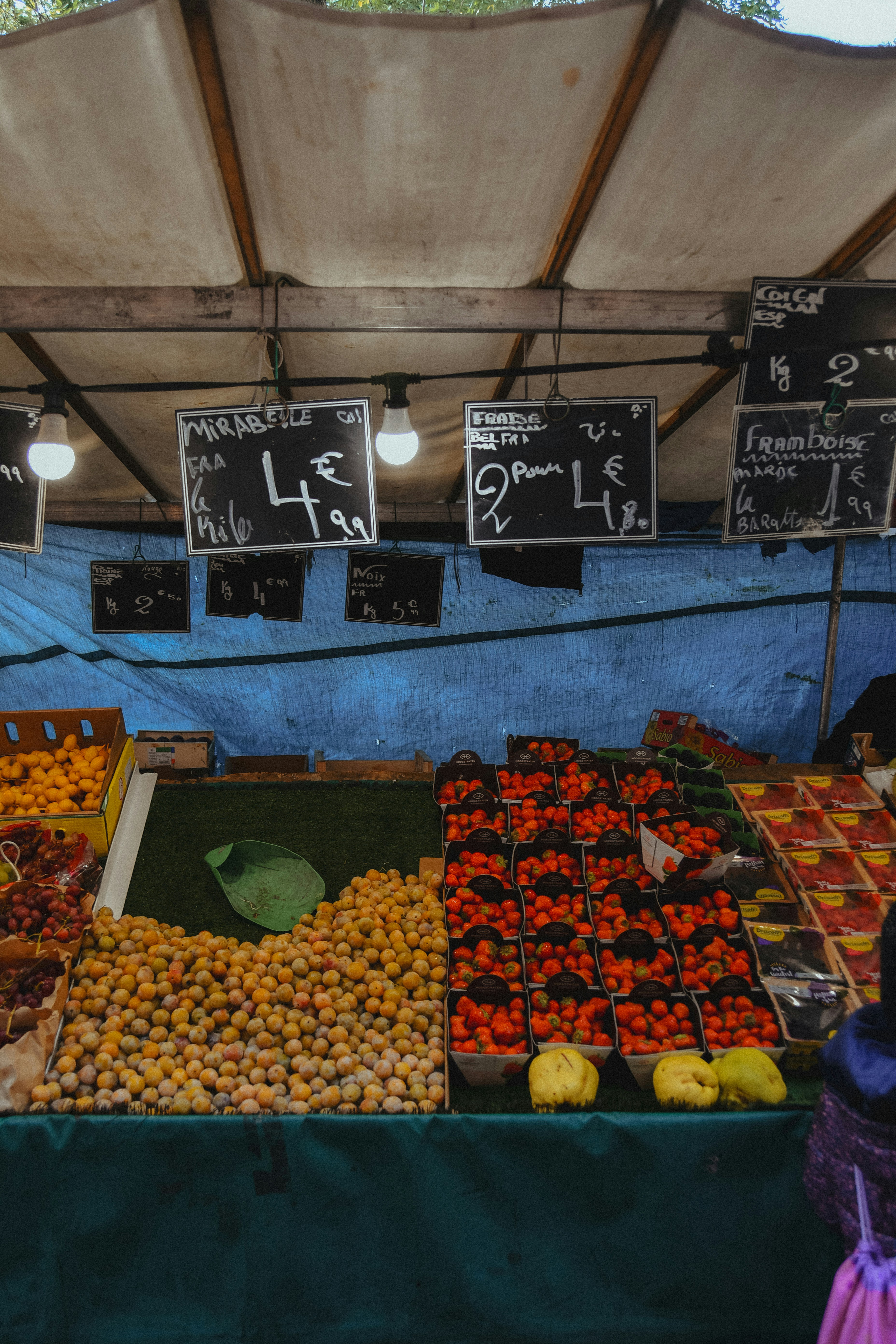 Fruit Stand Under a Tented Market Ceiling