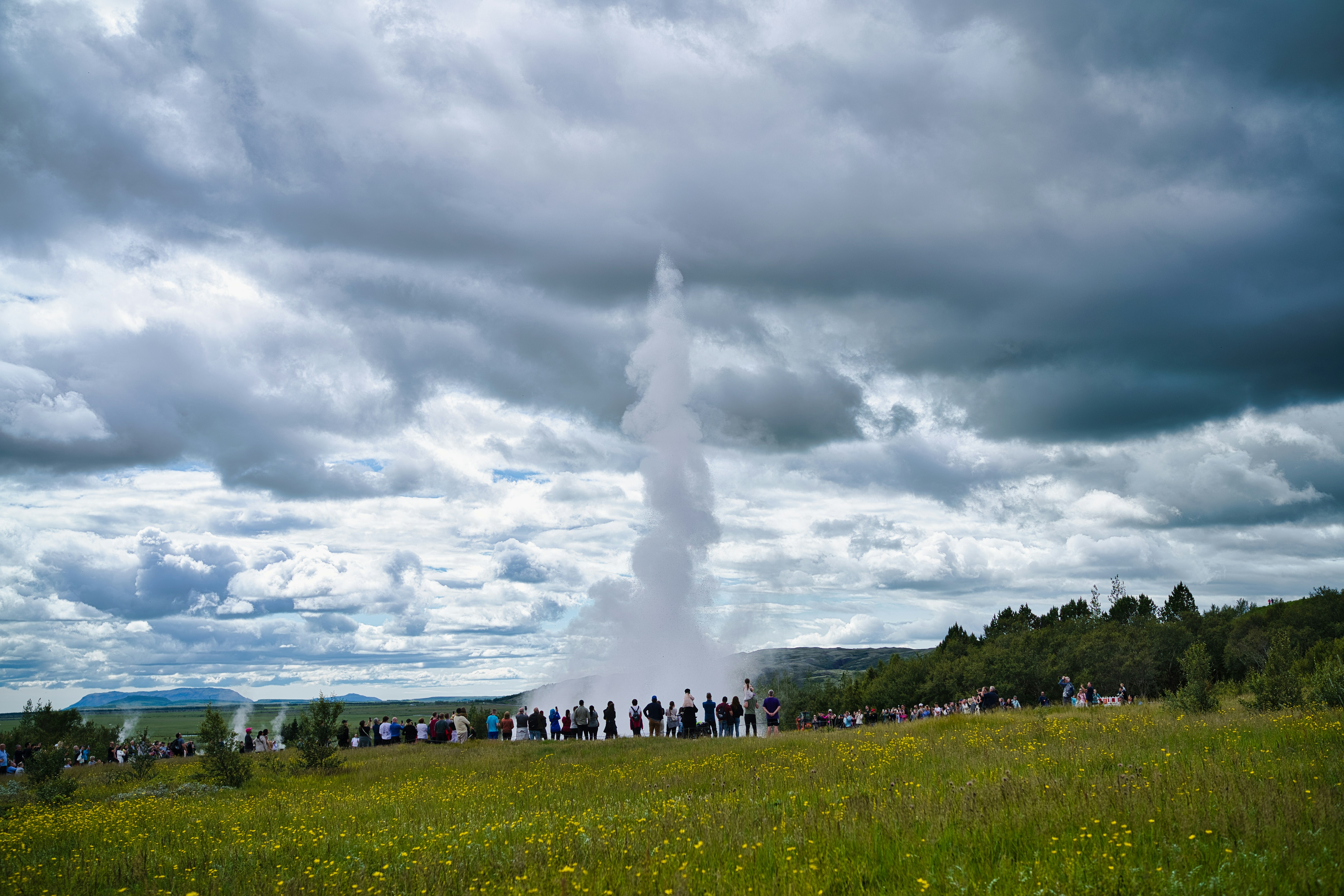 Geyser erupting amidst a gathering of spectators in a lush green landscape under a dramatic sky.