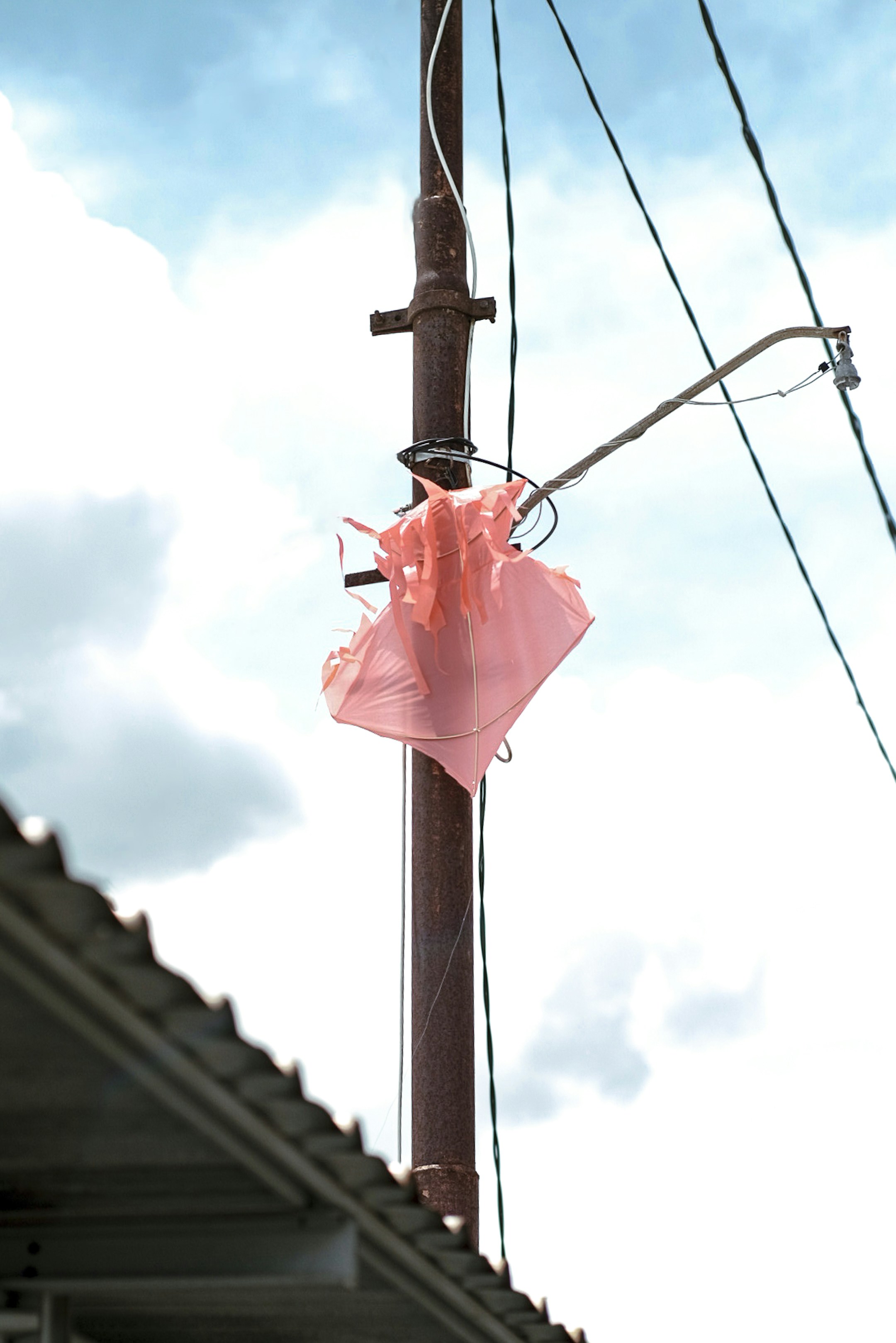 Coral Pink Bag Adrift on a Rusted Pole Under a Cobalt Sky
